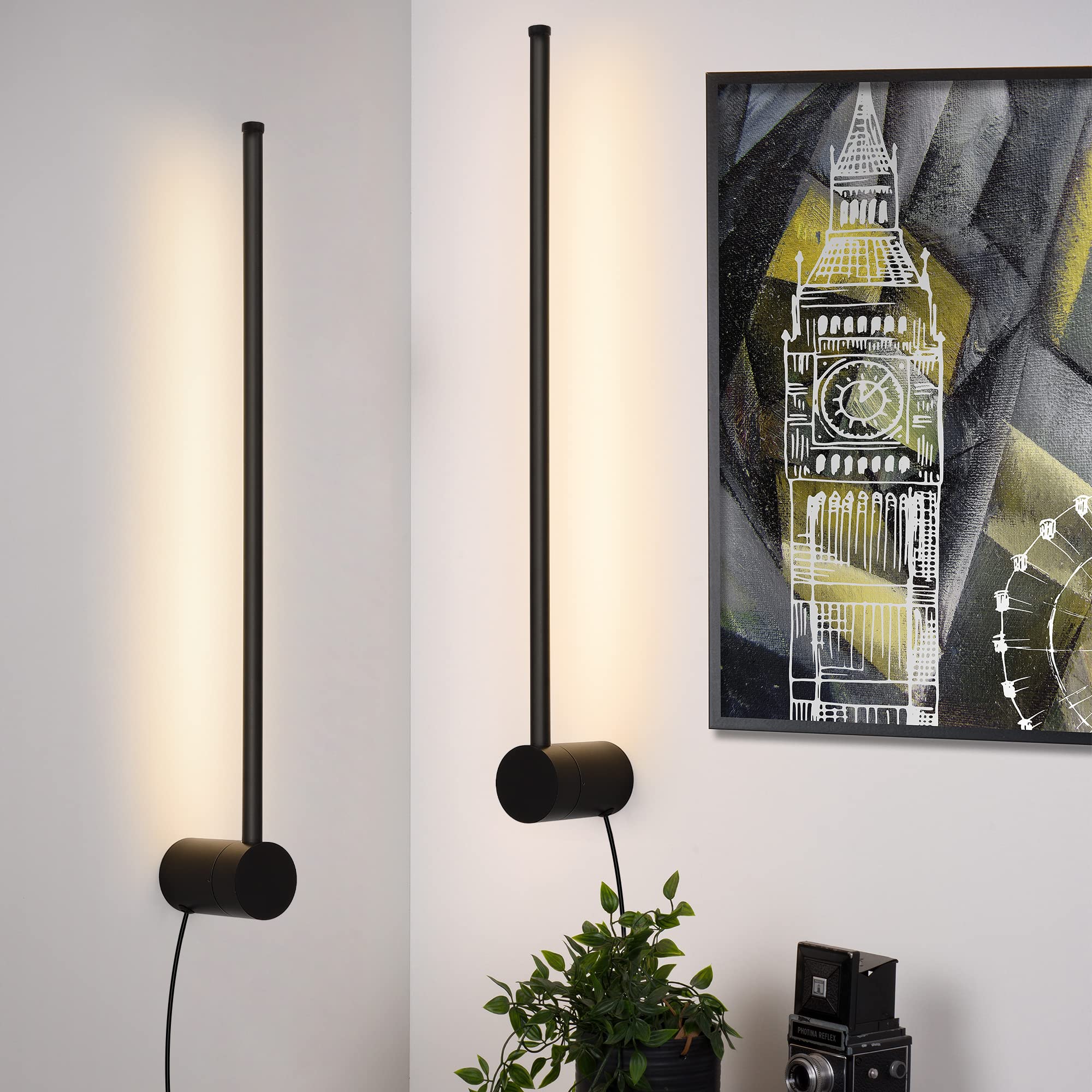 KARTOOSH Plug in Wall Sconce Set of 2, Black Minimalist Built-in LED ...