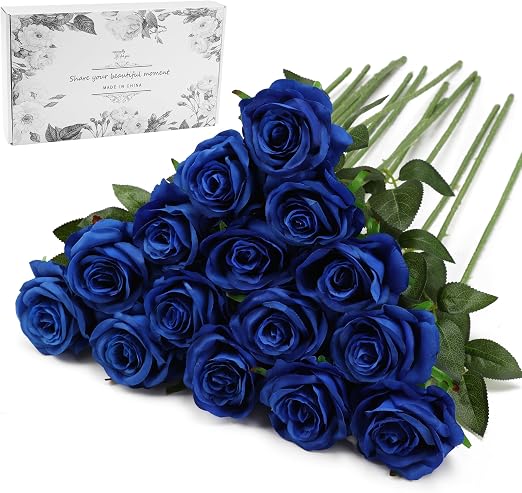 Amazon.com: Blue Fake Roses Artificial Flowers - 16 Pcs Fake Artificial ...