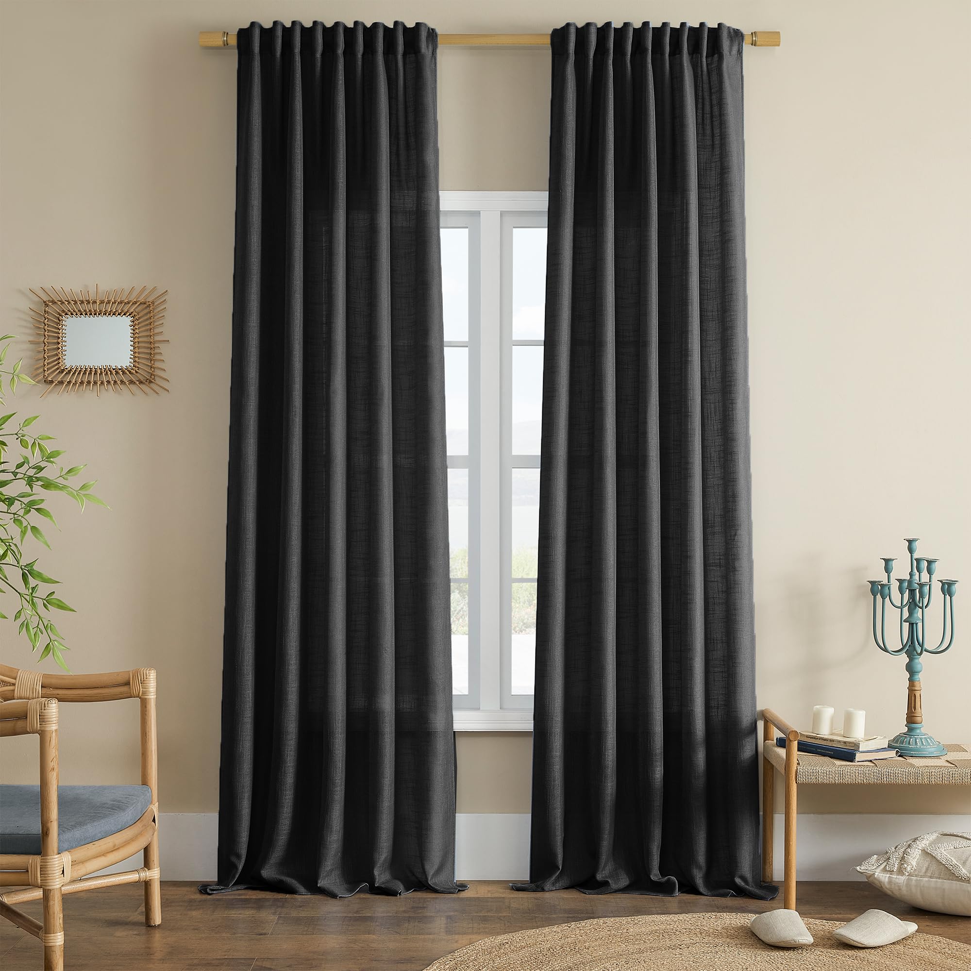 Timeper Black Linen Curtains 108 inches Long for Living Room Back Tab ...