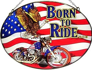 Amazon.com: Stained Glass Suncatcher 6.5" X 9" Oval Born to Ride ...