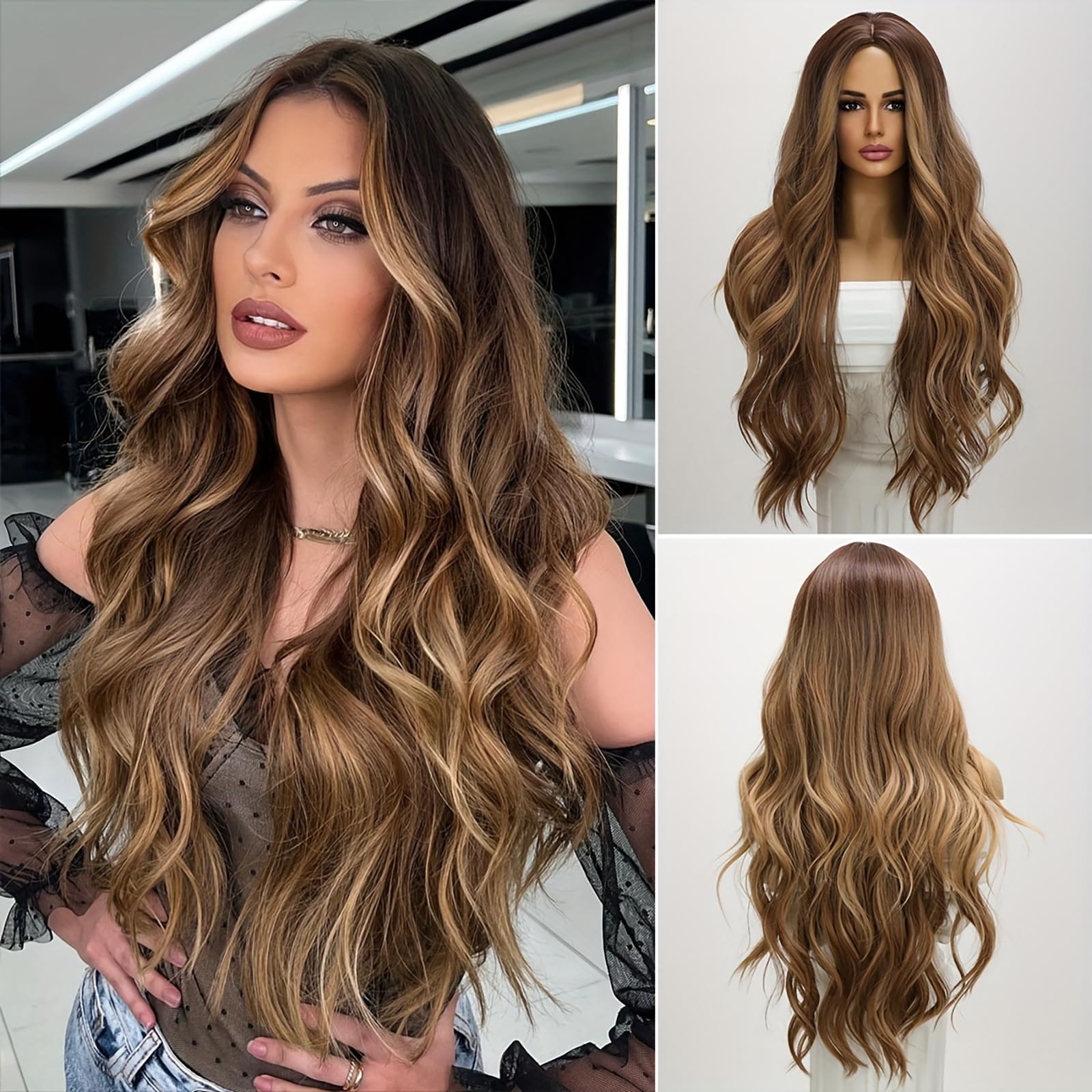 Amazon.com : Long Brown Wig Synthetic Dark Brown Wig Ombre Wigs for ...