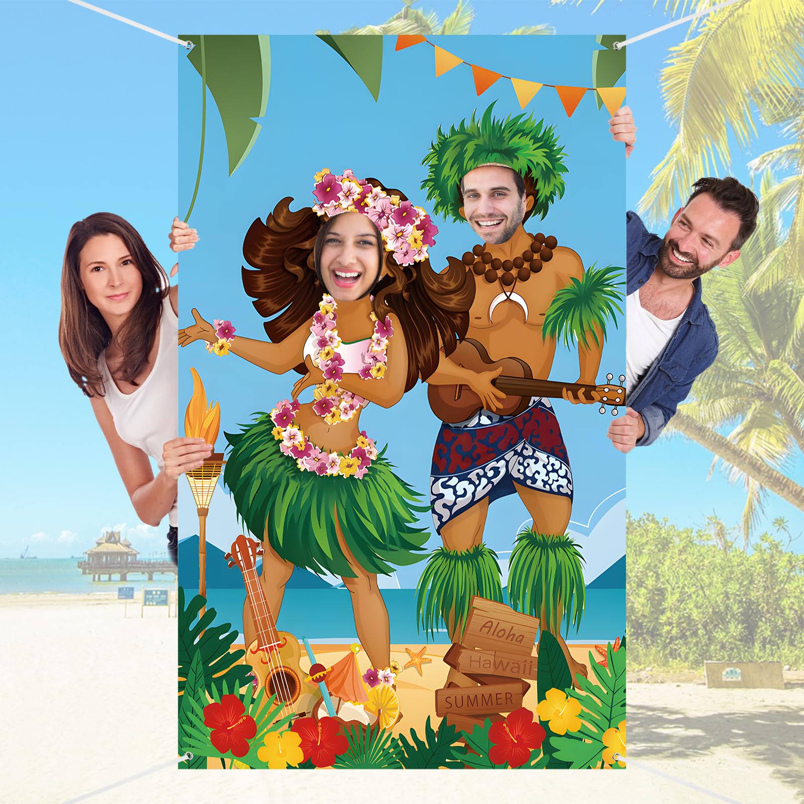 Hawaiian Photo Props Banner, Funny Luau Couple Face Game Banner ...