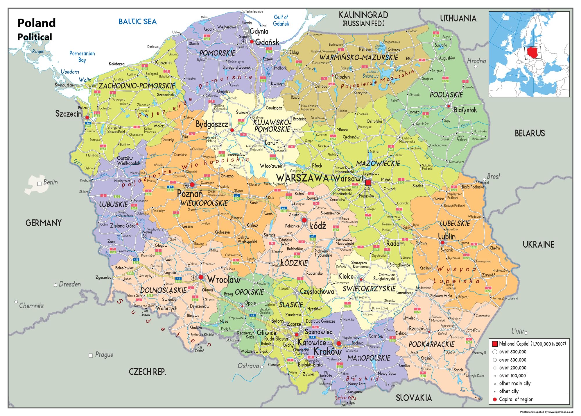 Political Map of Poland - Size A0-84.1 x 118.9cm - Paper Laminated ...