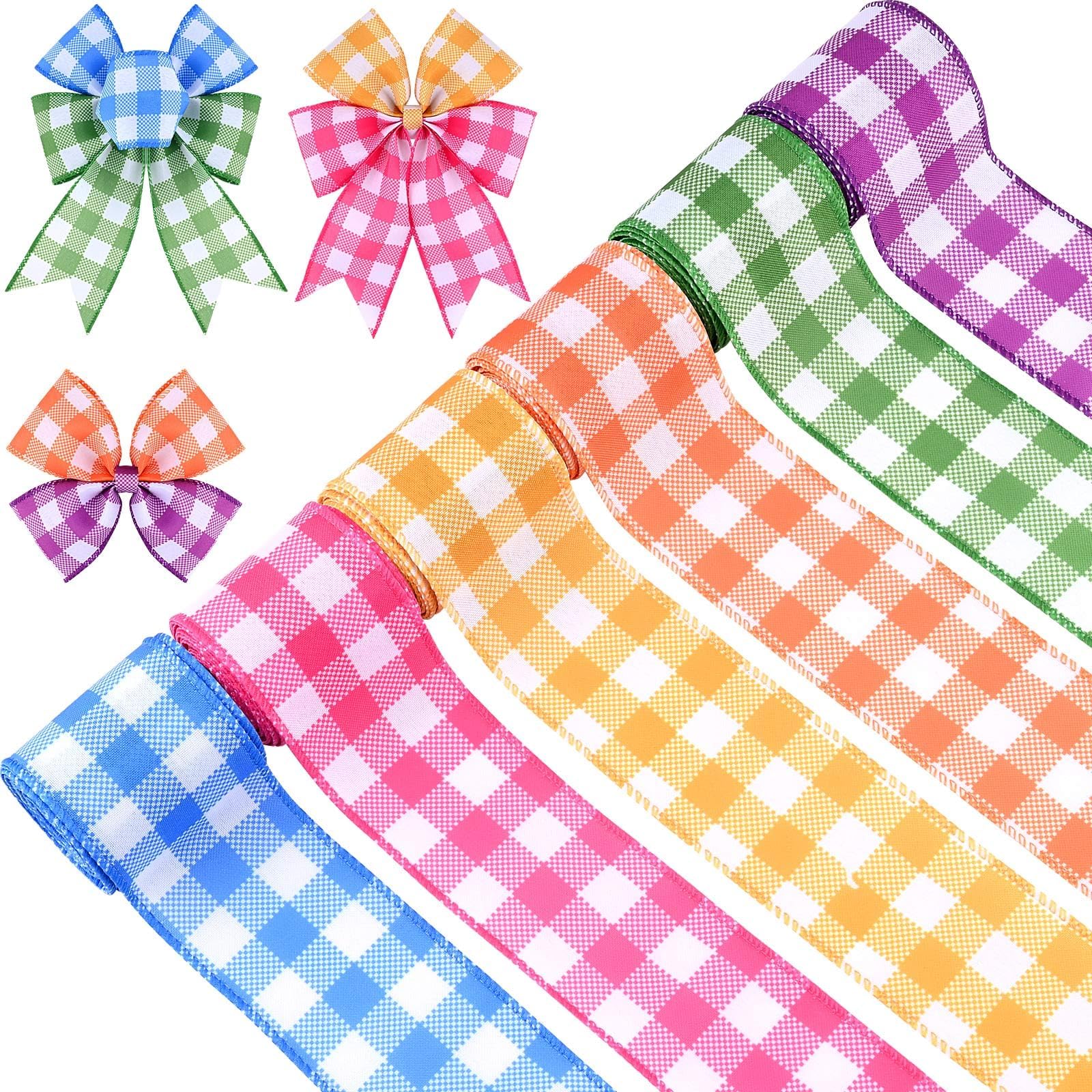 Amazon.com: 6Rolls Spring Pastel Wired Edge Ribbon Colorful Gingham ...
