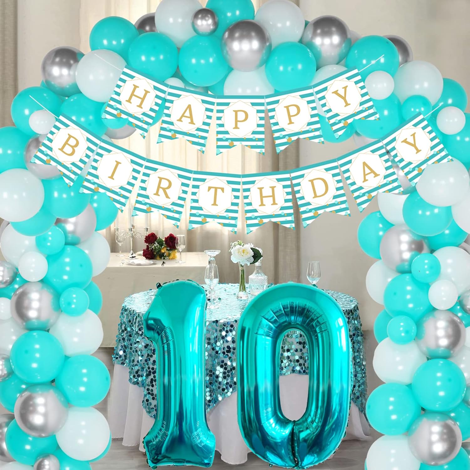 10th Birthday Decorations for Girl Teal Blue White and Silver Balloon ...