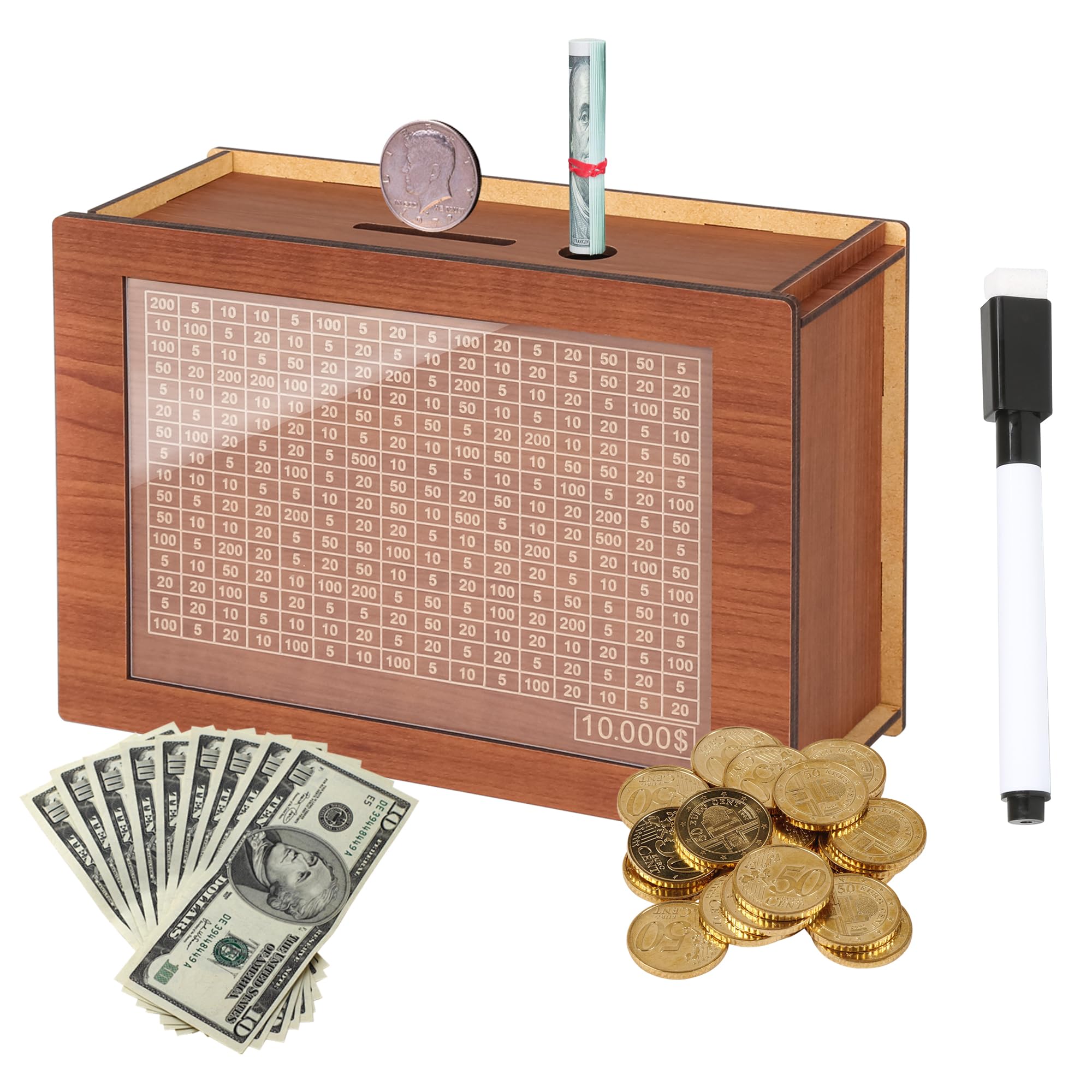 Amazon.com: 10,000 Savings Challenge Box，Cash Vault Wooden Savings Box ...