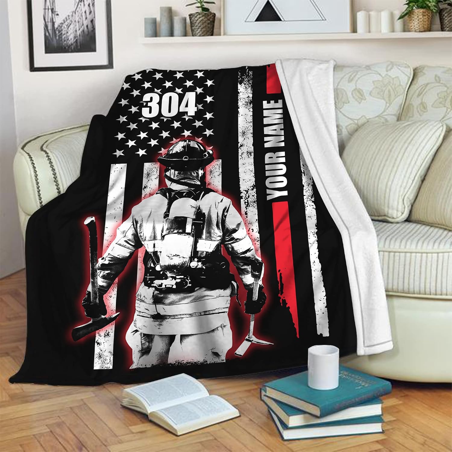 Amazon.com: MoonArt Personalized Firefighter Fleece Blanket Thin Red ...