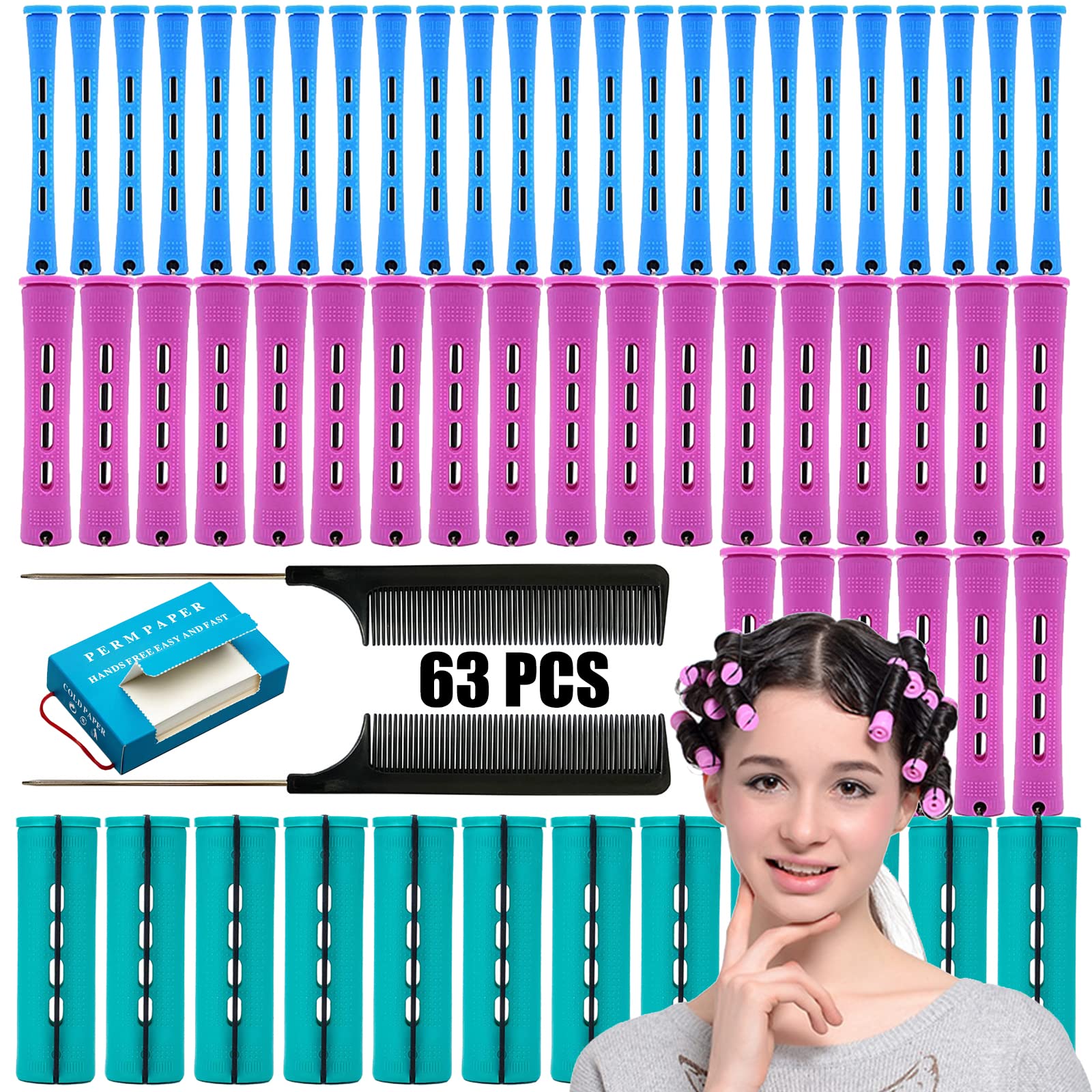62 Pcs Hair Perm Rods Set 3 Sizes Plastic Hair Cold Wave Rods Hair ...