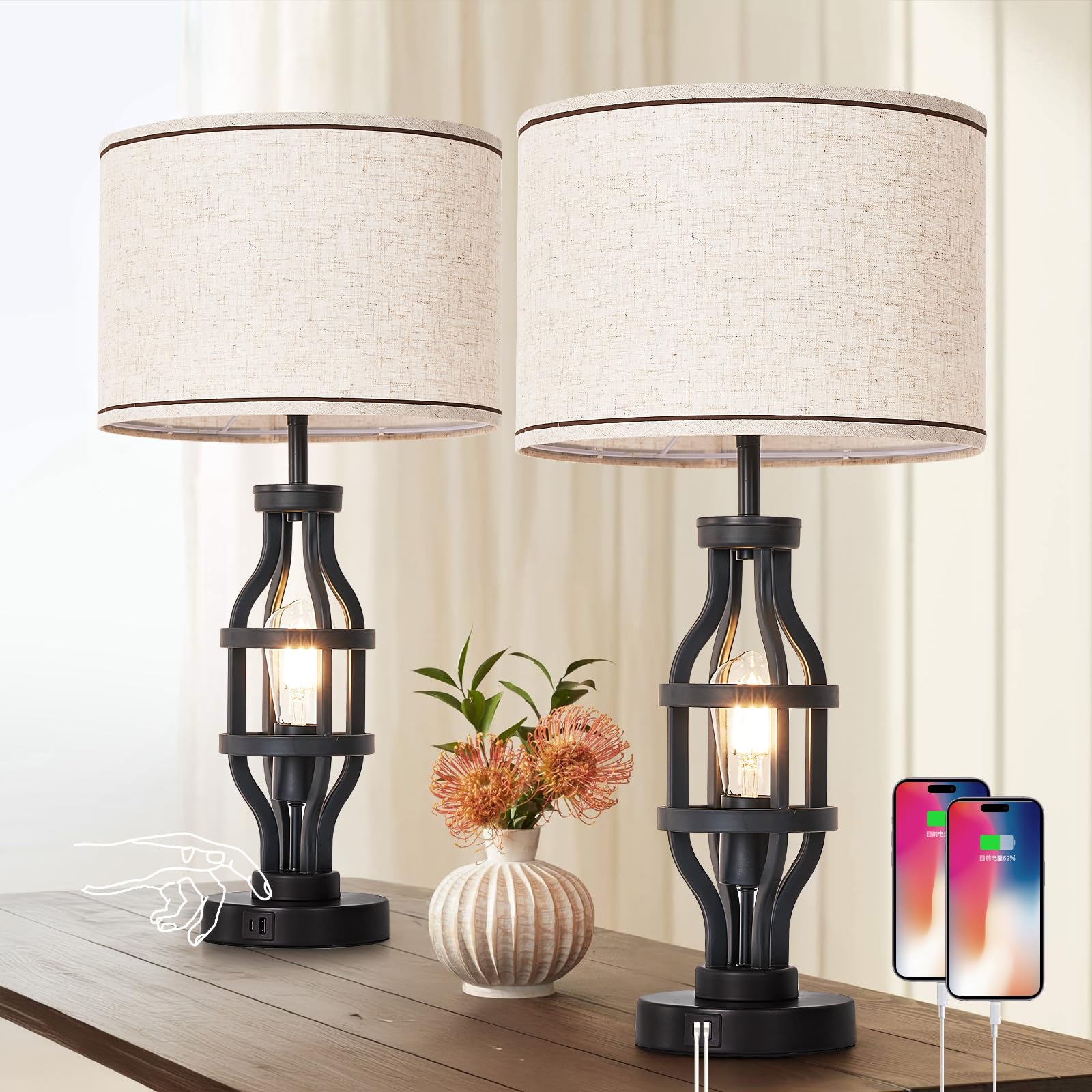 IBBIBABO Set of 2 Touch Control Table Lamps with USB/Type C Ports, 3 ...