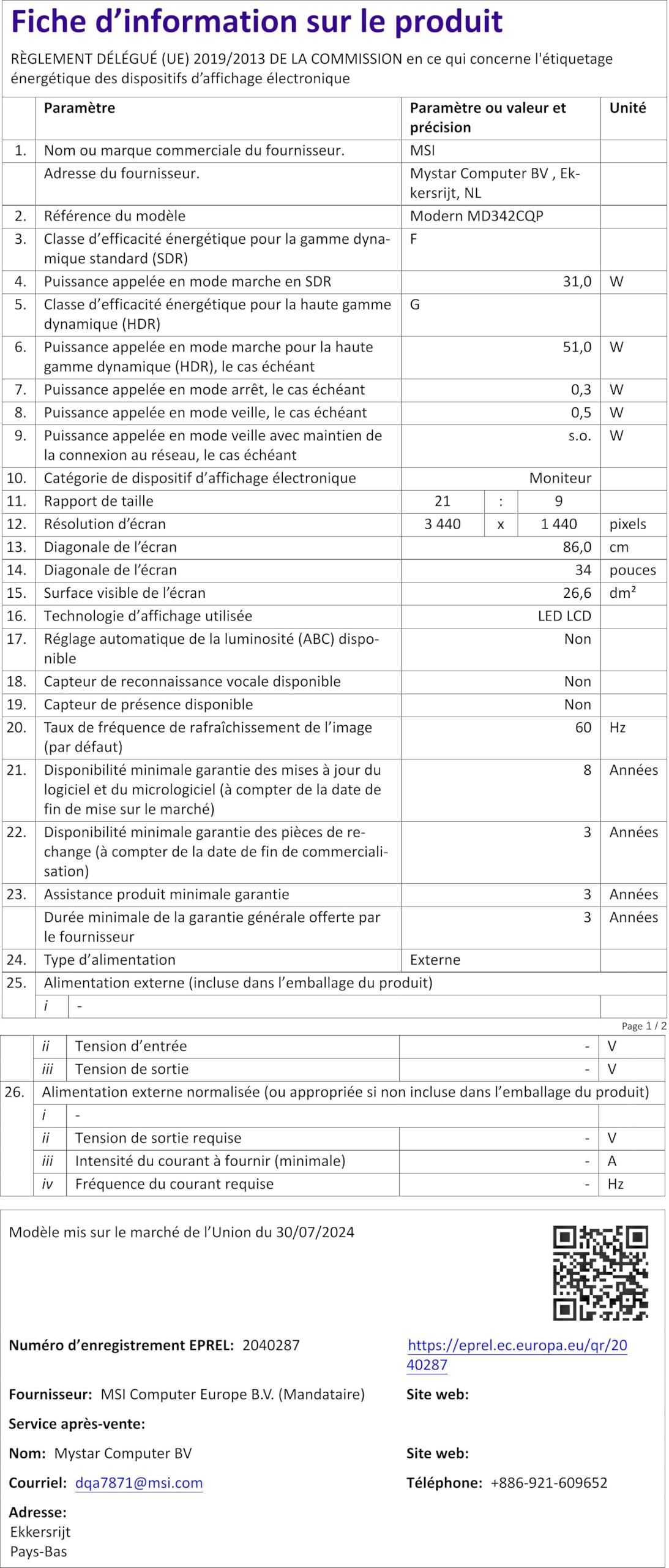 MSI Modern MD342CQPW Écran PC 34'' UWQHD incurvé 1500R - Dalle VA 3440 ...