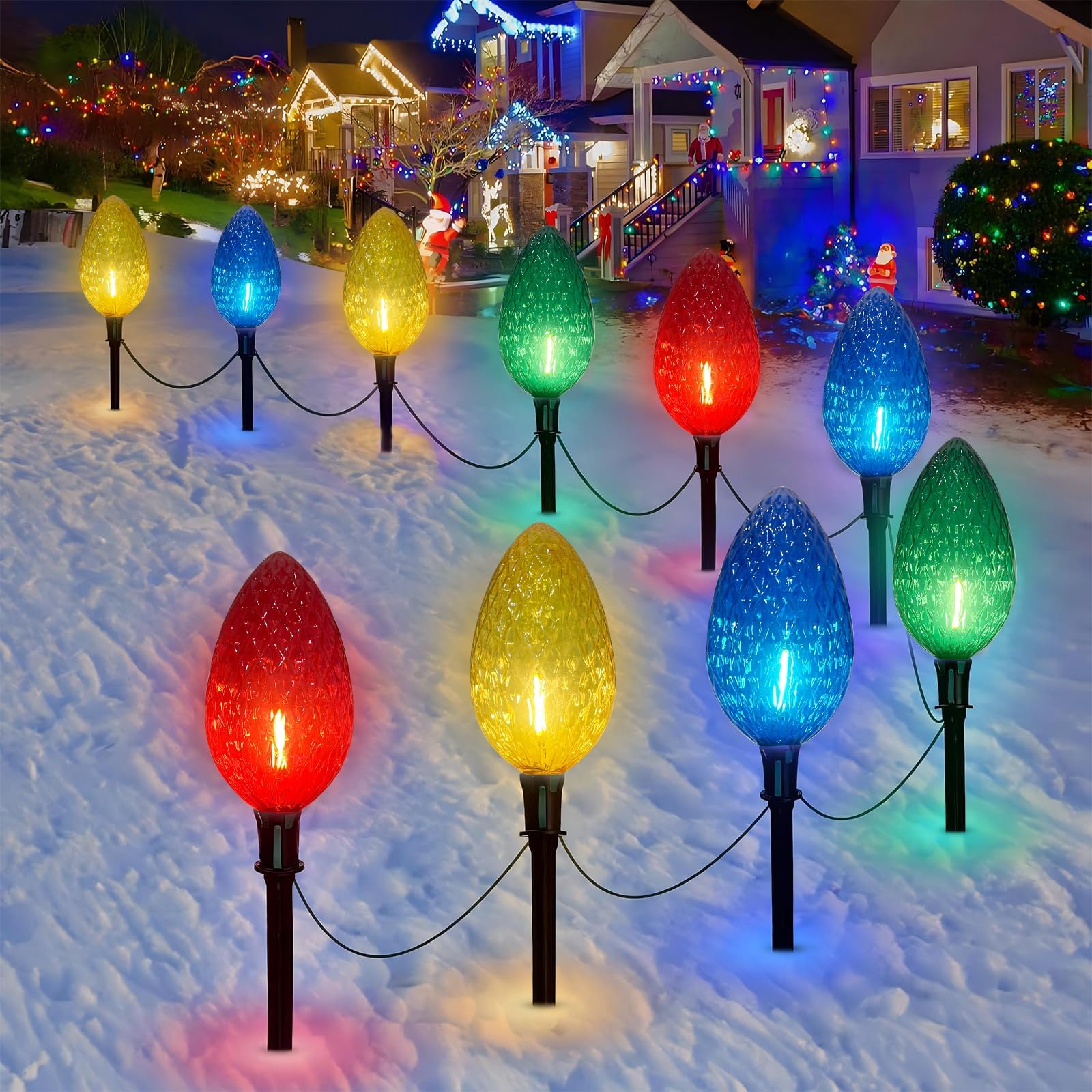 Jumbo C9 Christmas Pathway Lights Outdoor - 2 Pack Total 17 Feet 10 LED ...
