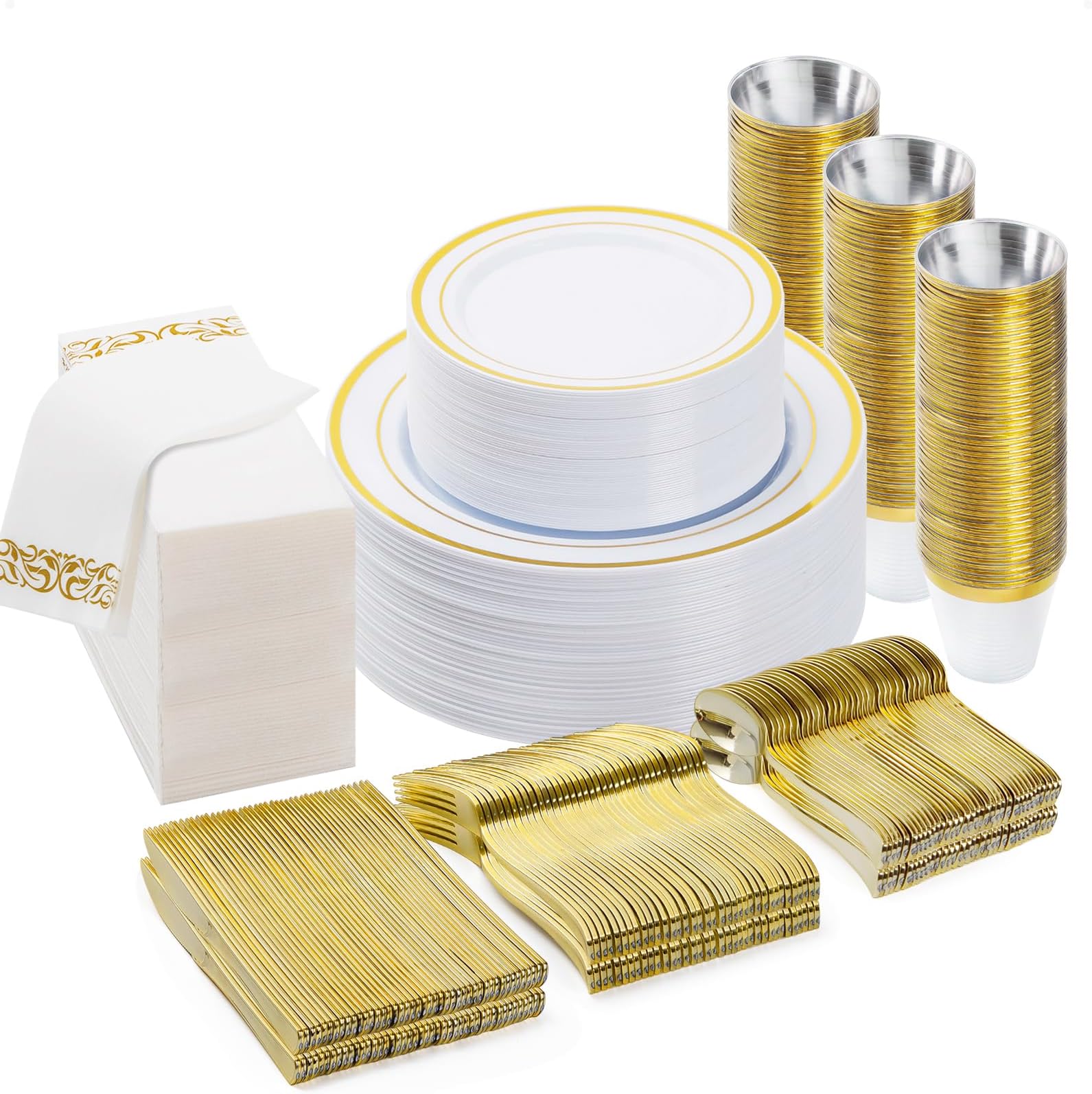 Amazon.com: 700 Piece Gold Disposable Dinnerware Set for 100 Guests ...