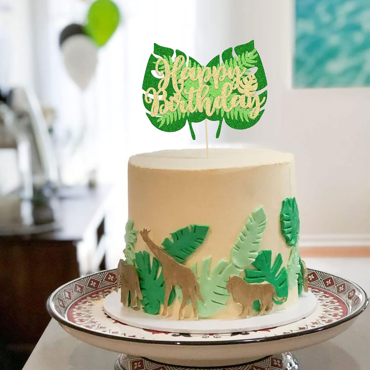 Buy Gyufise 1Pcs Happy Birthday Tropical Leaves Cake Topper Green ...