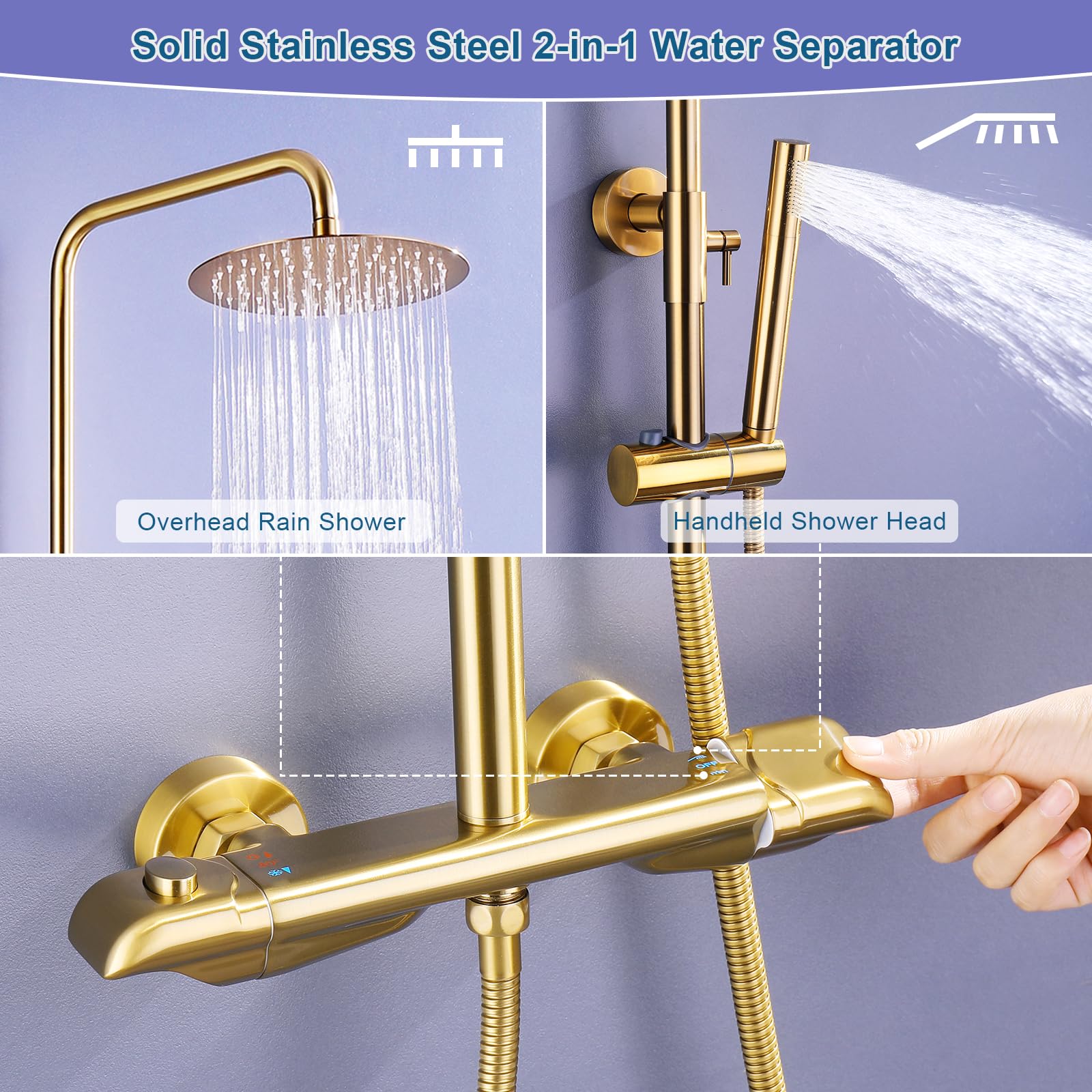 QISHENG Thermostatic Exposed Gold Shower System Wall-mounted Exposed ...