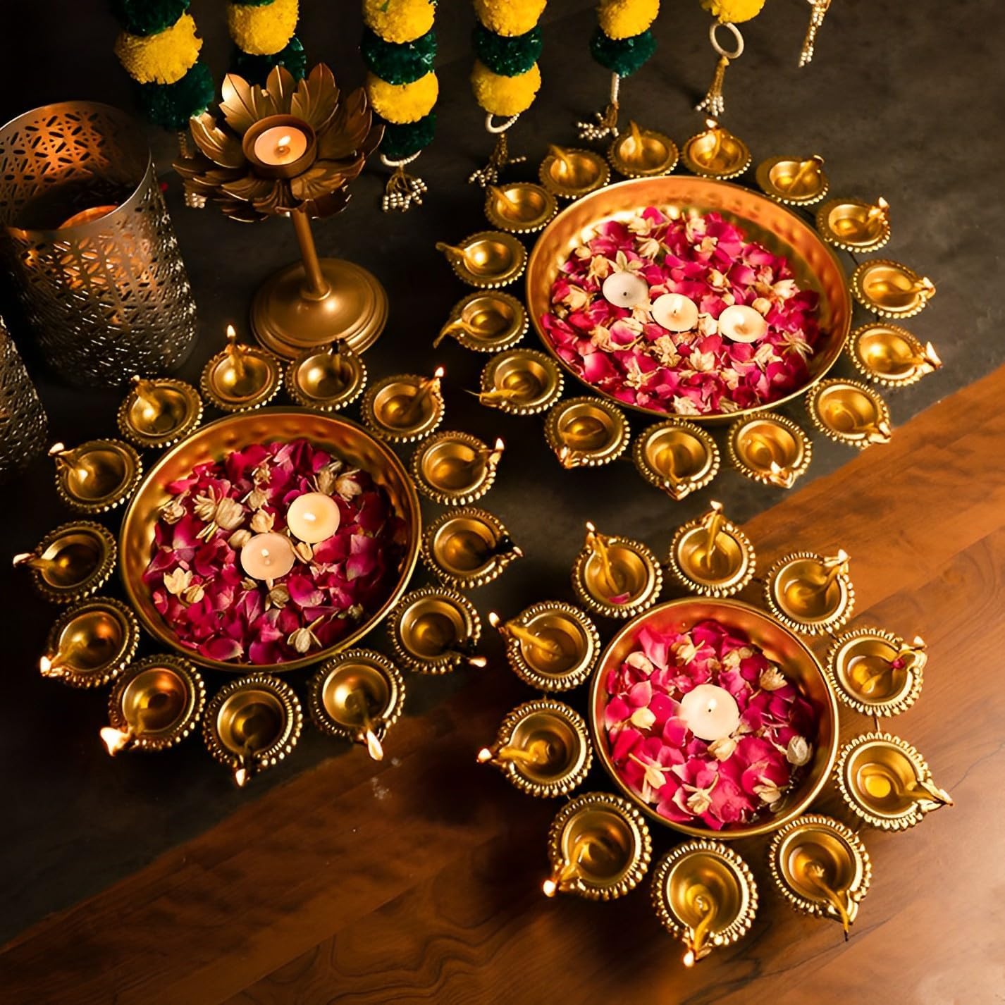 Buy Indian Decorative Brass Bowls with Rose Petals, Set of 3- Lotus ...