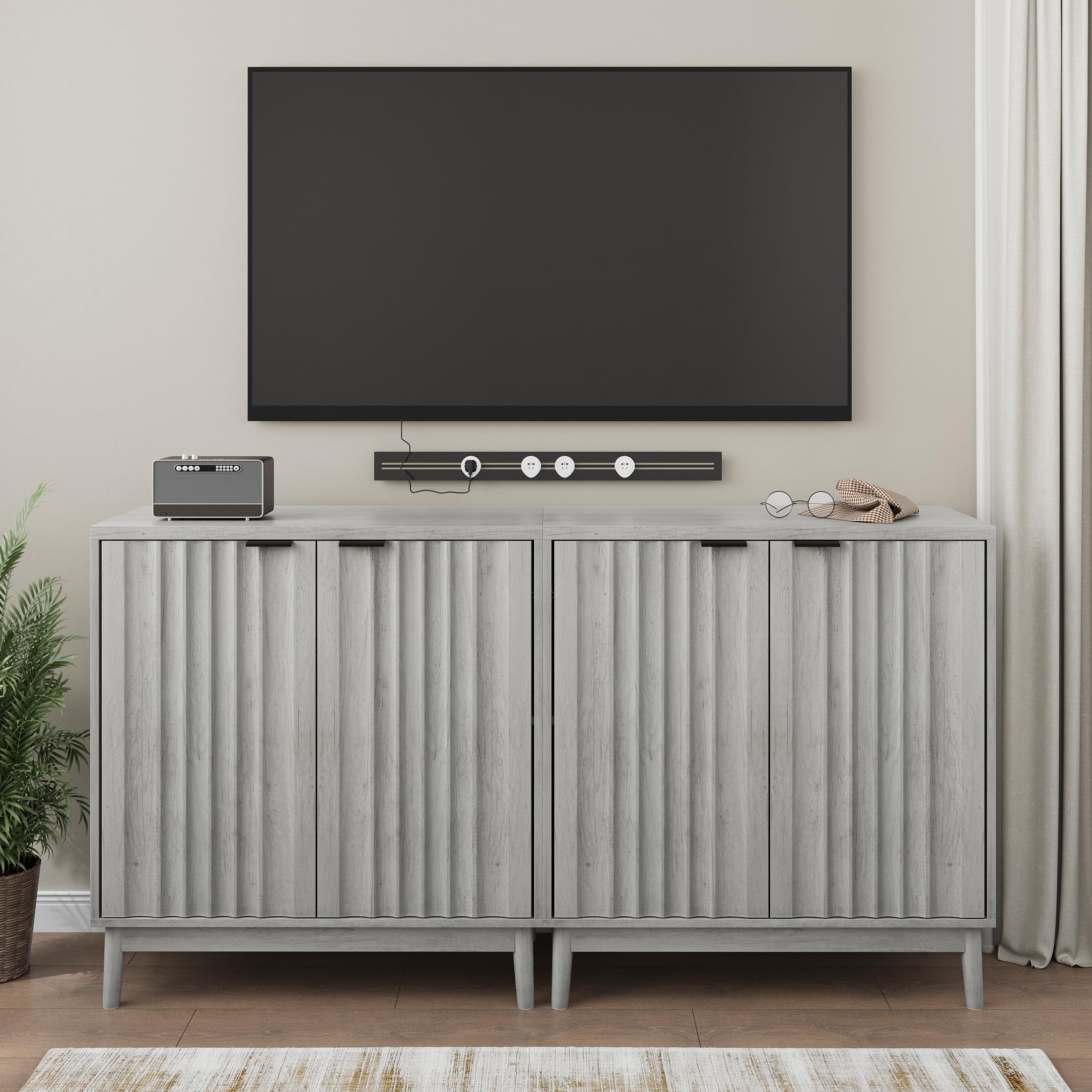 Snapklik.com : Smuxee Fluted Sideboard Cabinet, Wash Grey Buffet Cabinet
