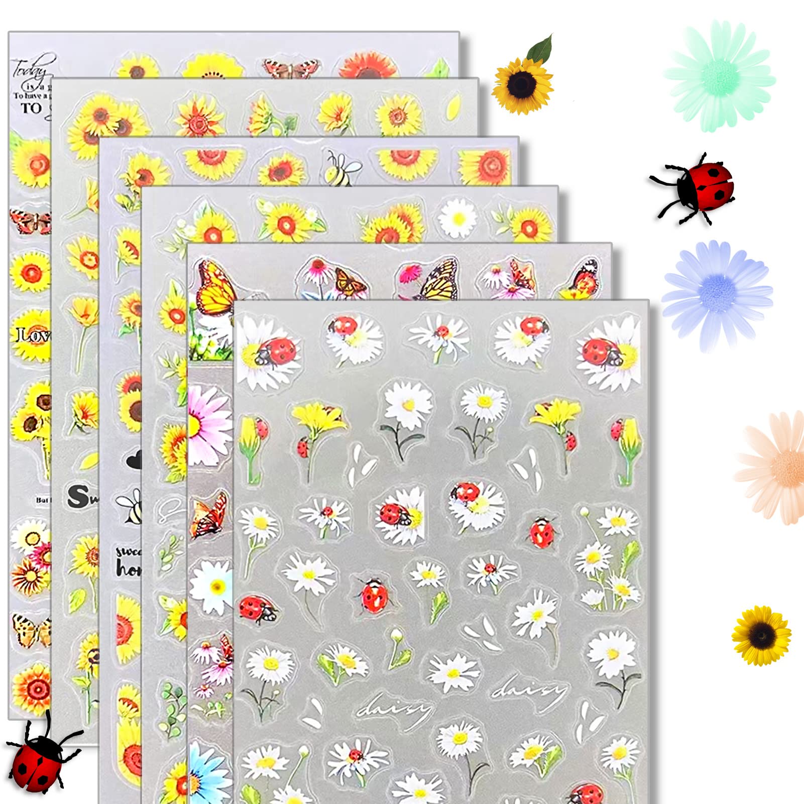 Amazon.com: 6 Sheets Daisy Nail Stickers for Nail Art Butterfly Flower ...