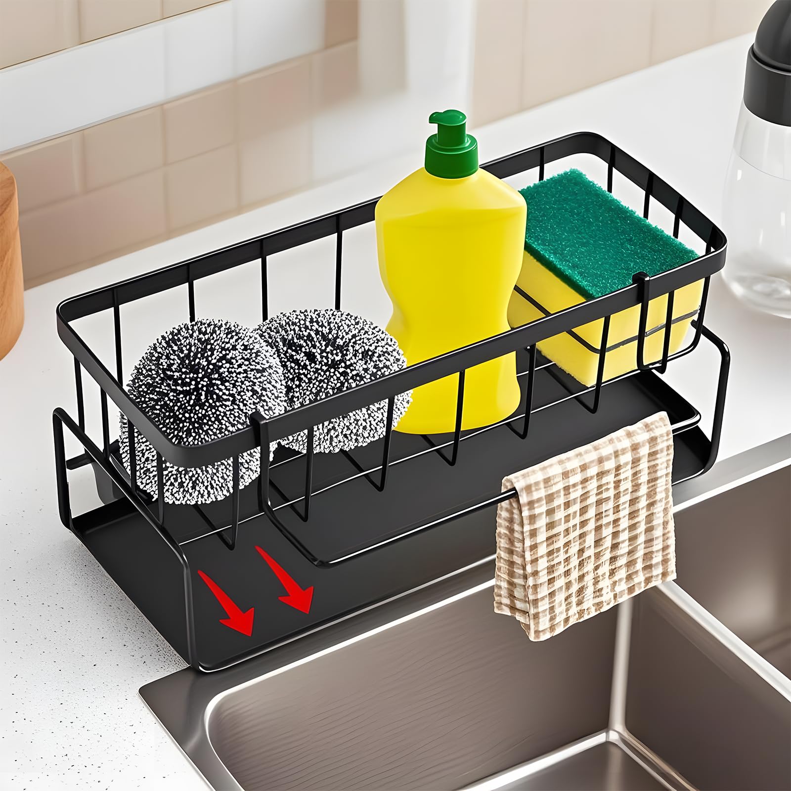 Kitchen Sink Organiser Black, Dishrag Dishcloth Holder Rack, Removable ...