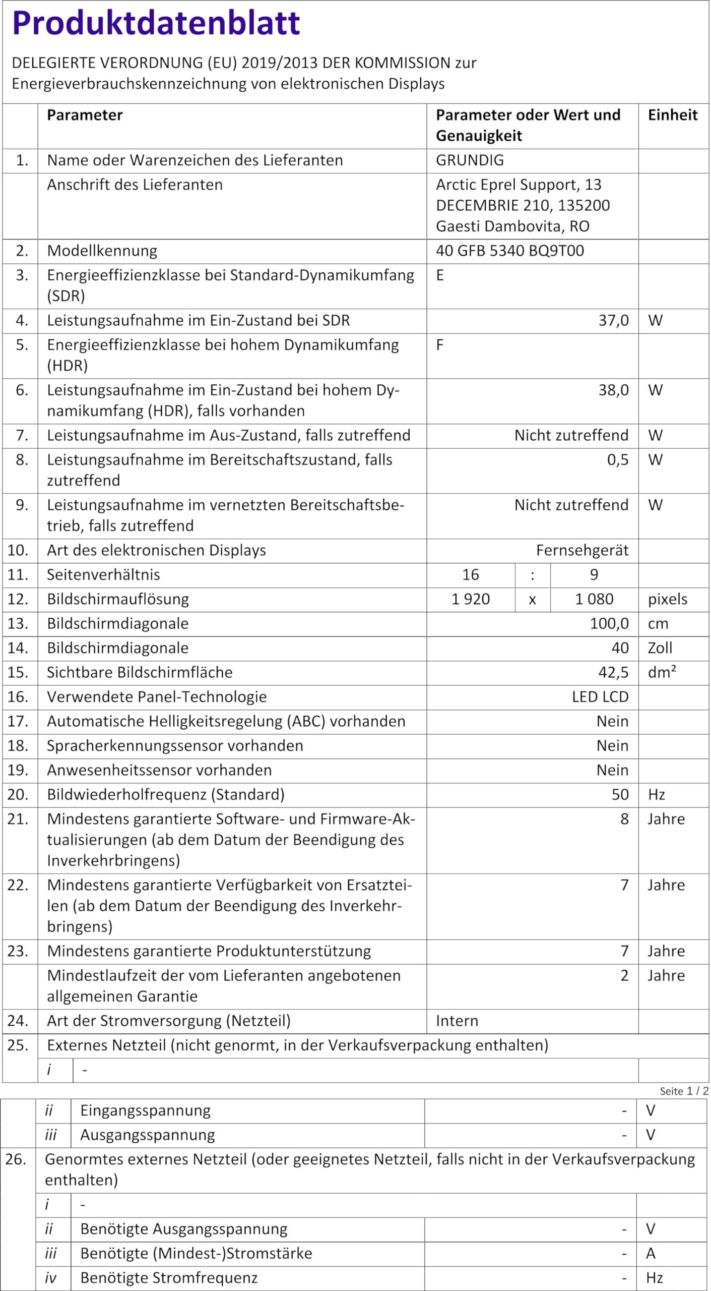 GRUNDIG 40 GFB 5340 - Fernseher 40 Zoll (100 cm) Full HD LED TV, FHD ...
