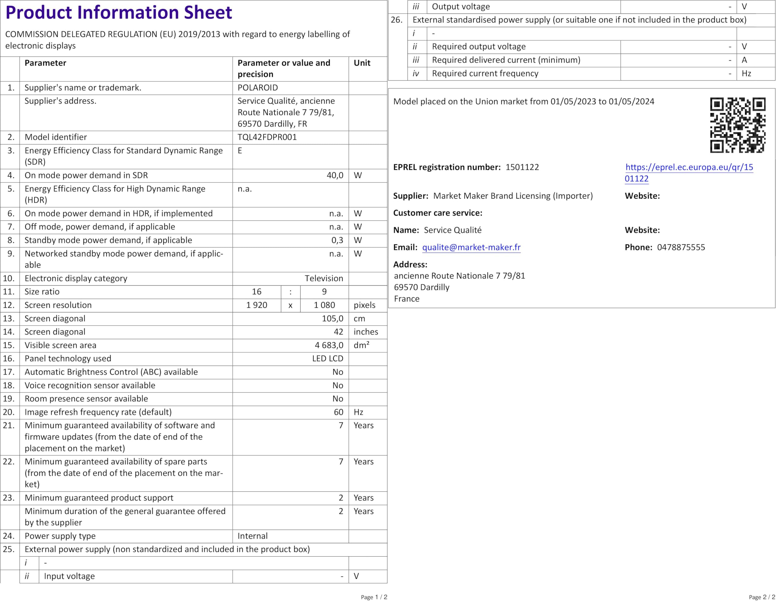 Polaroid - 42'' (105cm) Full HD LED TV - 2 HDMI 2 USB 2.0 - Headphone ...