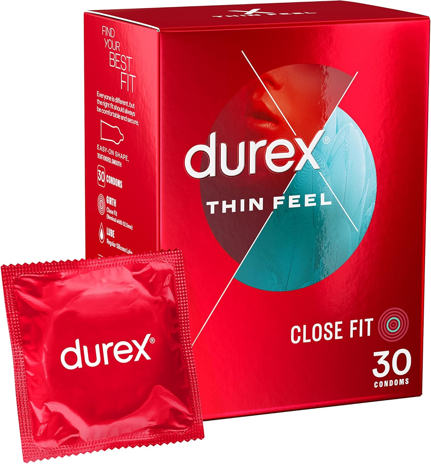 Durex Thin Feel Condoms, Close Fit, 30s, Secure, Tighter, Natural Latex ...