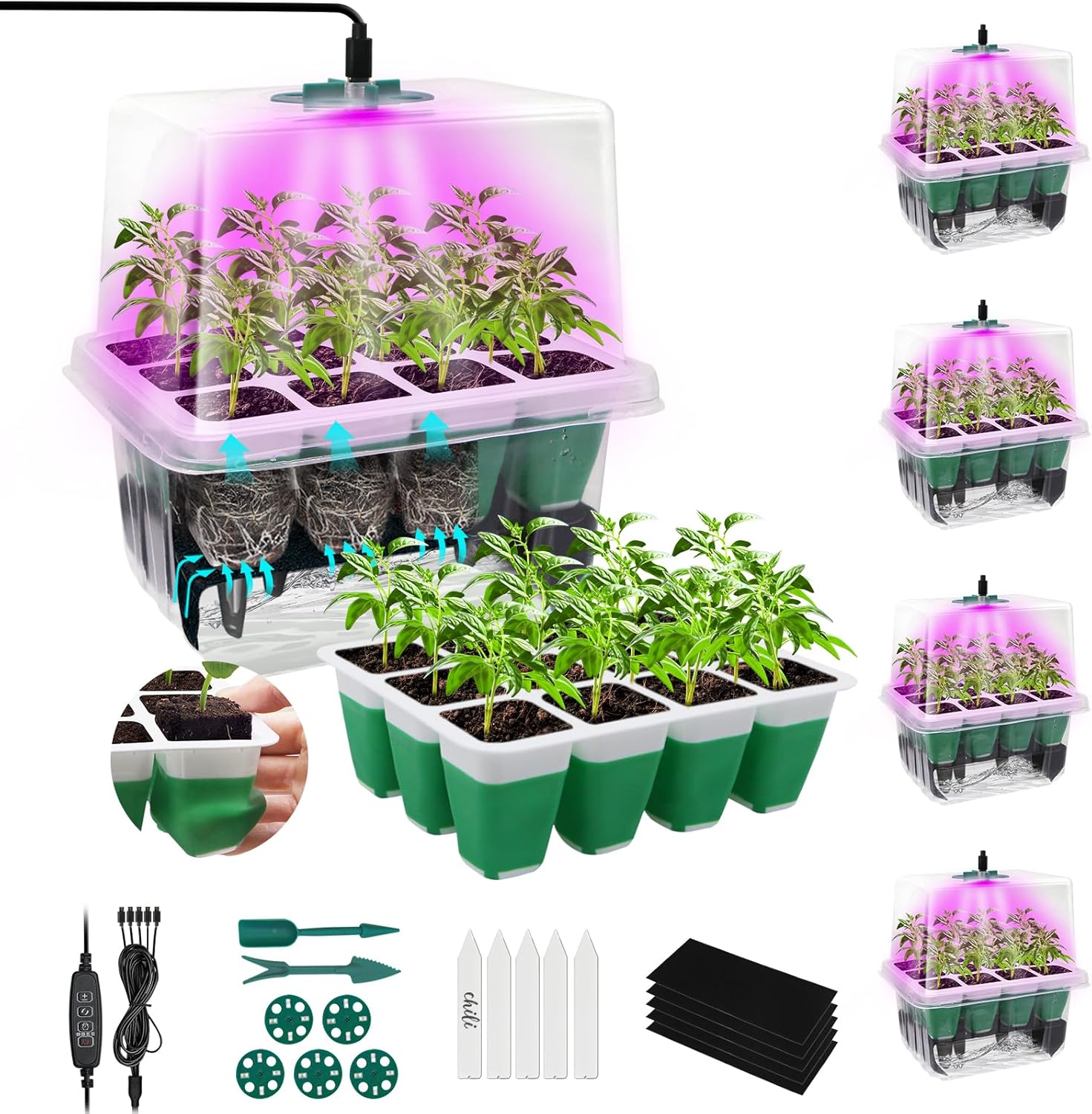 Amazon.com : MQUPIN Self Watering Seed Starter Tray with Grow Light,5 ...