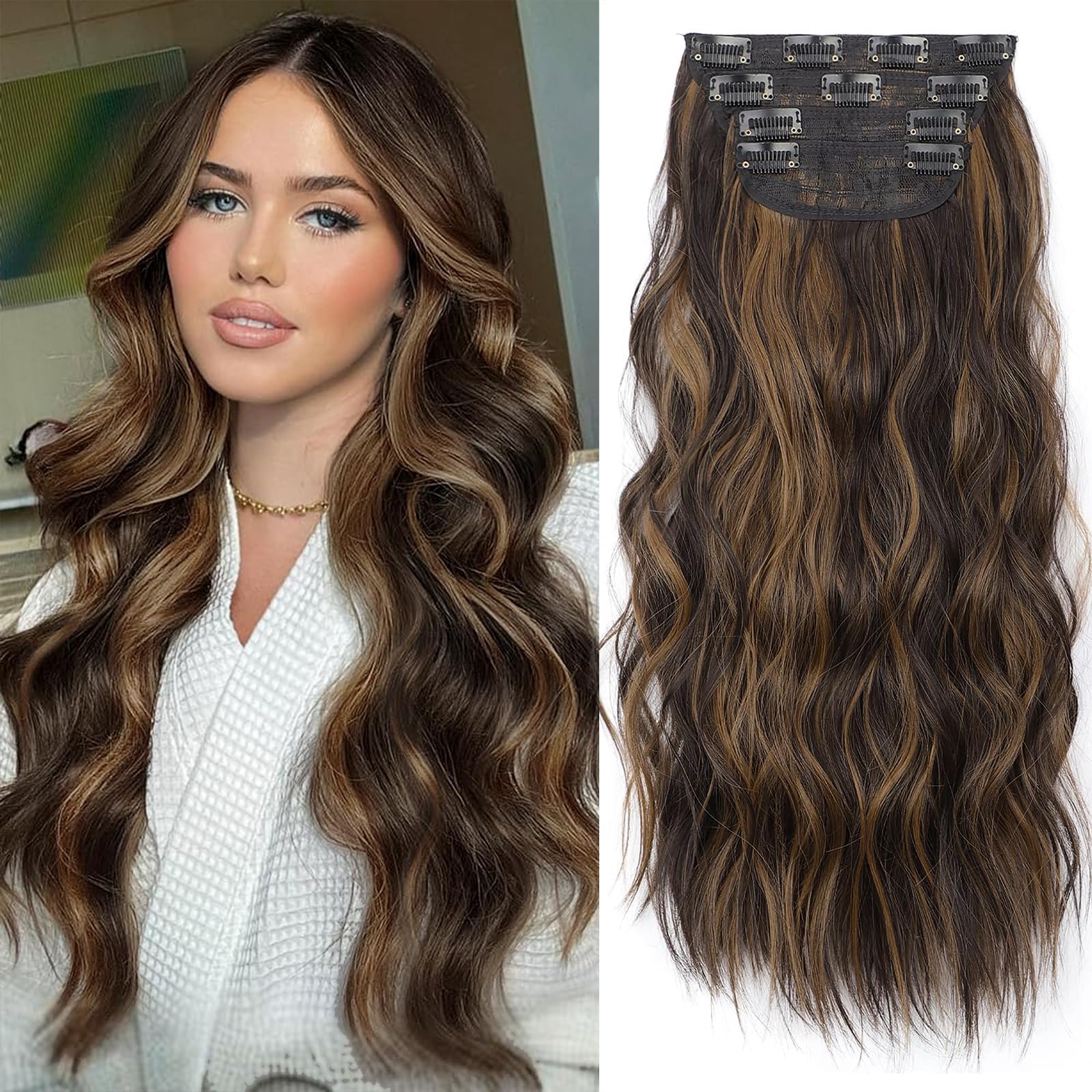 Amazon.com : 4Pcs Clip in Hair Extensions, Long Wavy Synthetic Hair ...