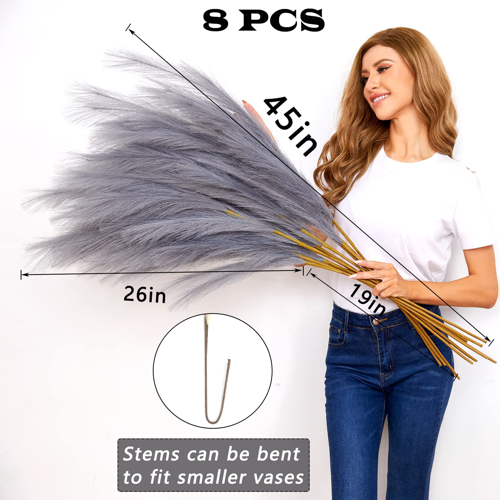 FOTEEWL 8 Pcs 45" Tall Faux Pampas Grass Large Artificial Pompous Grass ...