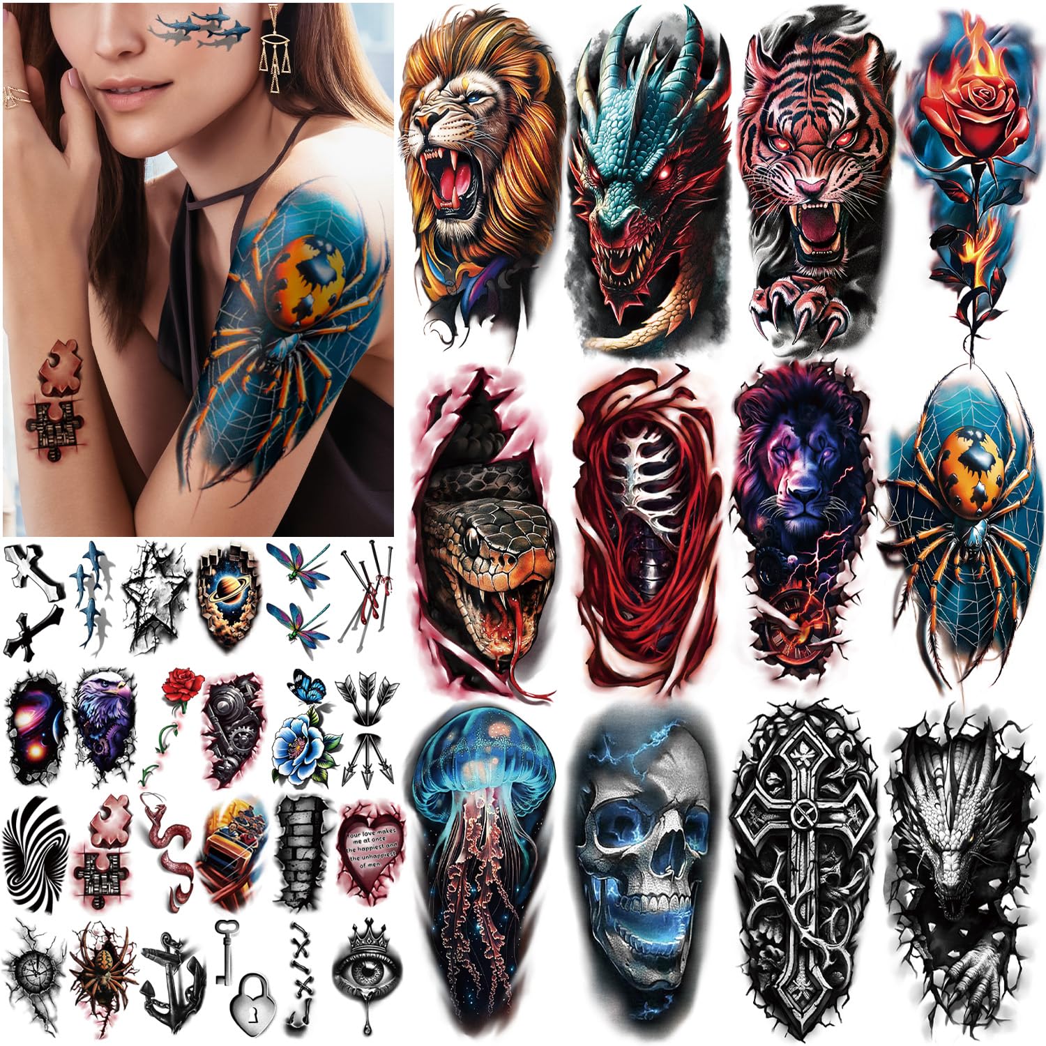 Amazon.com : 77 Sheets Temporary Tattoos Adult Dragon Skull Snake Lion ...