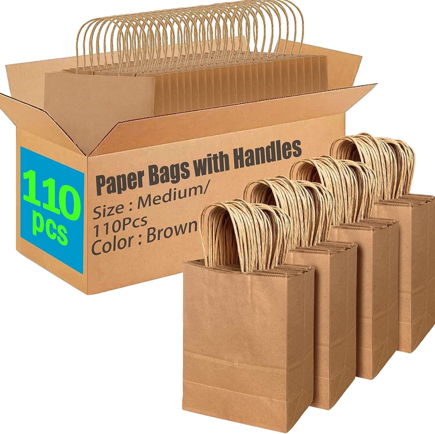 AlexHome 110 Pcs Brown Paper Bags with Handles,8.2x4.3x10.68 Inches ...