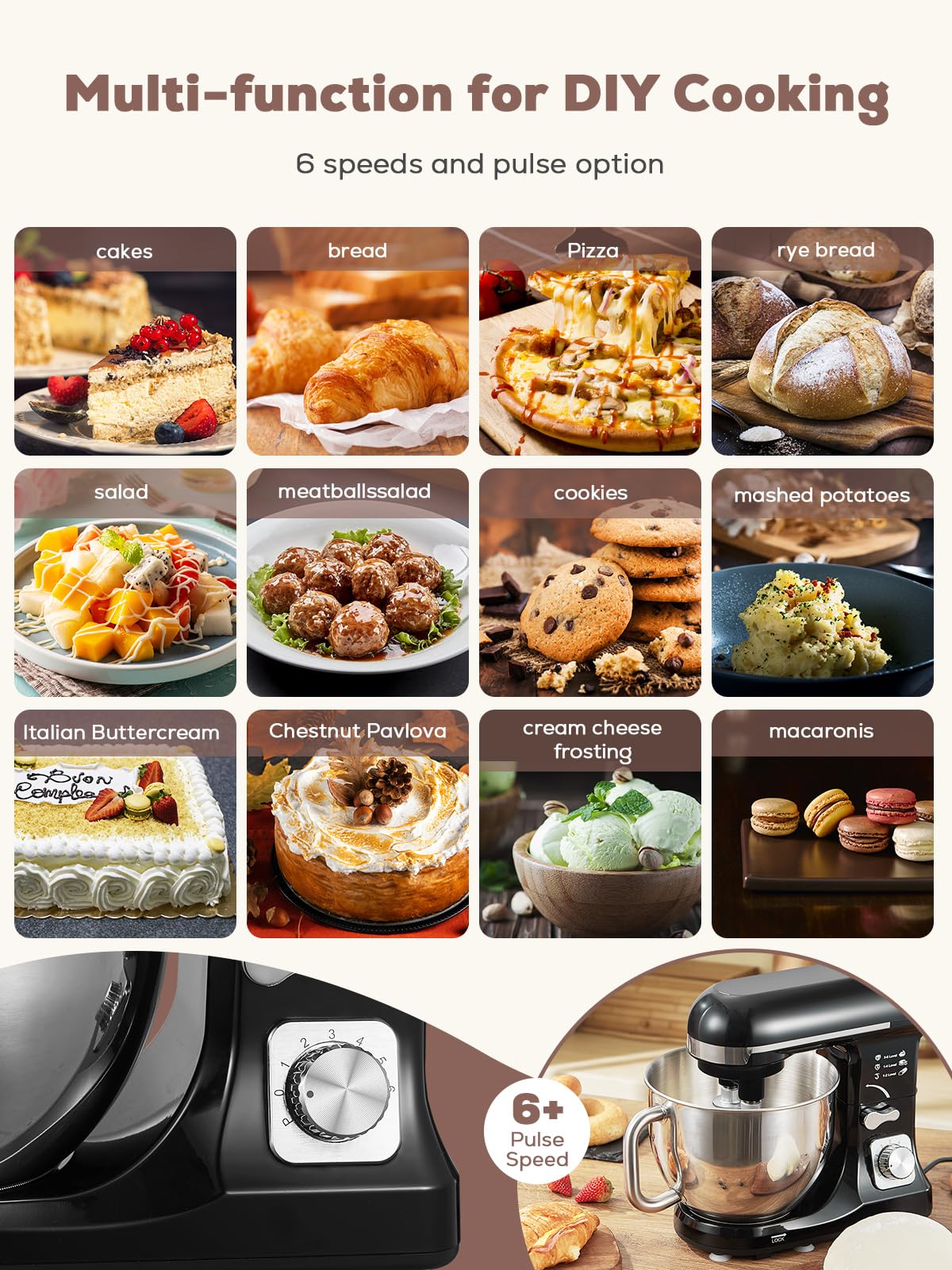 Stand Mixer Fohere, with Double Dough Hook, Wire Whip & Beater, 6+ P ...