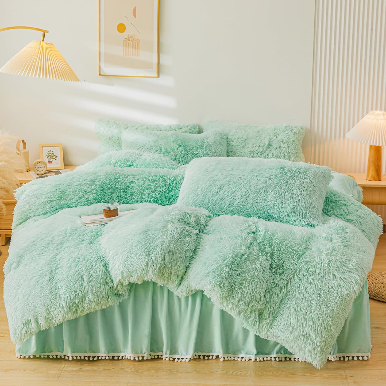 Amazon.com: ERLOXO Fluffy Mint Green Faux Fur Comforter Cover Set Twin ...