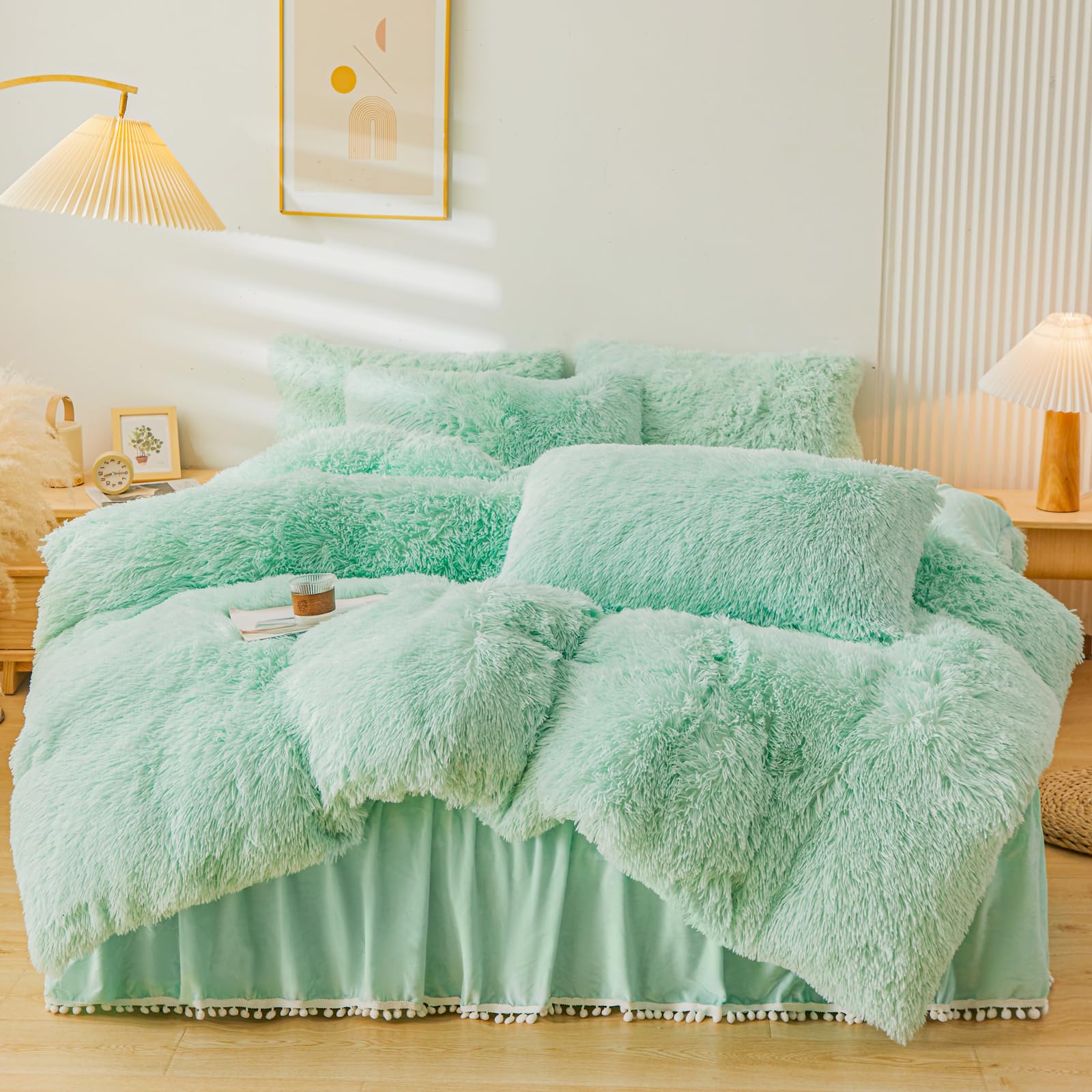 Amazon.com: ERLOXO Fluffy Mint Green Comforter Cover Set King，Fluffy ...
