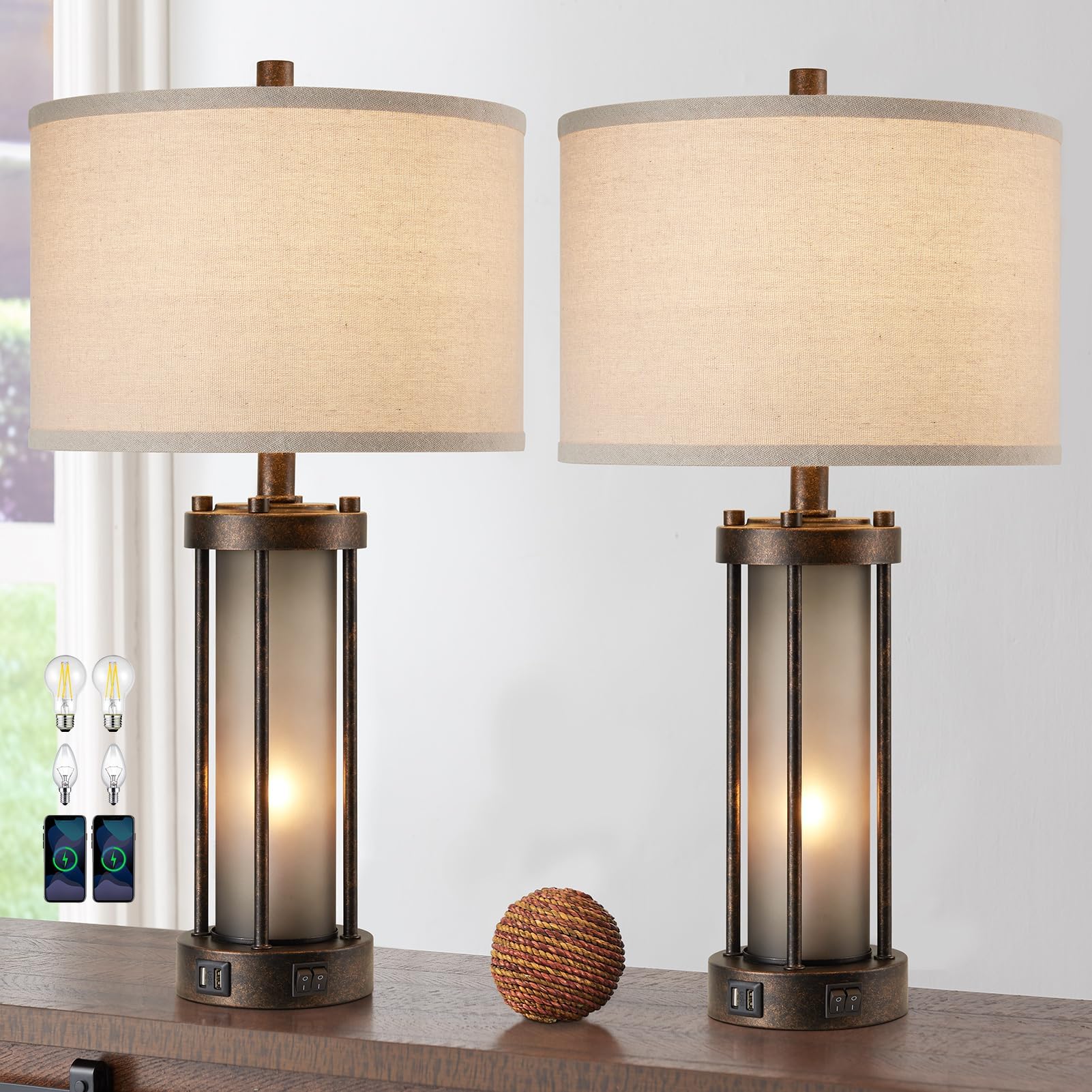 Set of 2 Farmhouse Lamps for Living Room, Rustic Vintage Bedroom ...