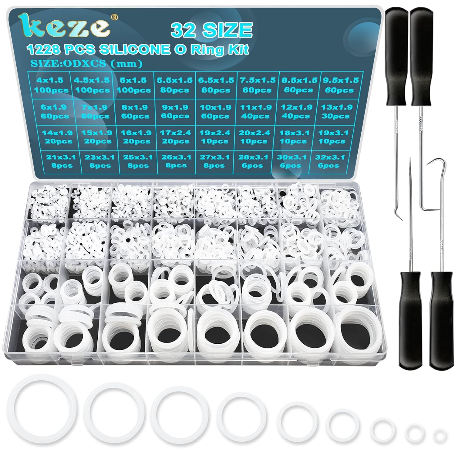 KEZE 1228 Pcs 32 Size Clear Food Grade Silicone O Rings Assortment Kit ...