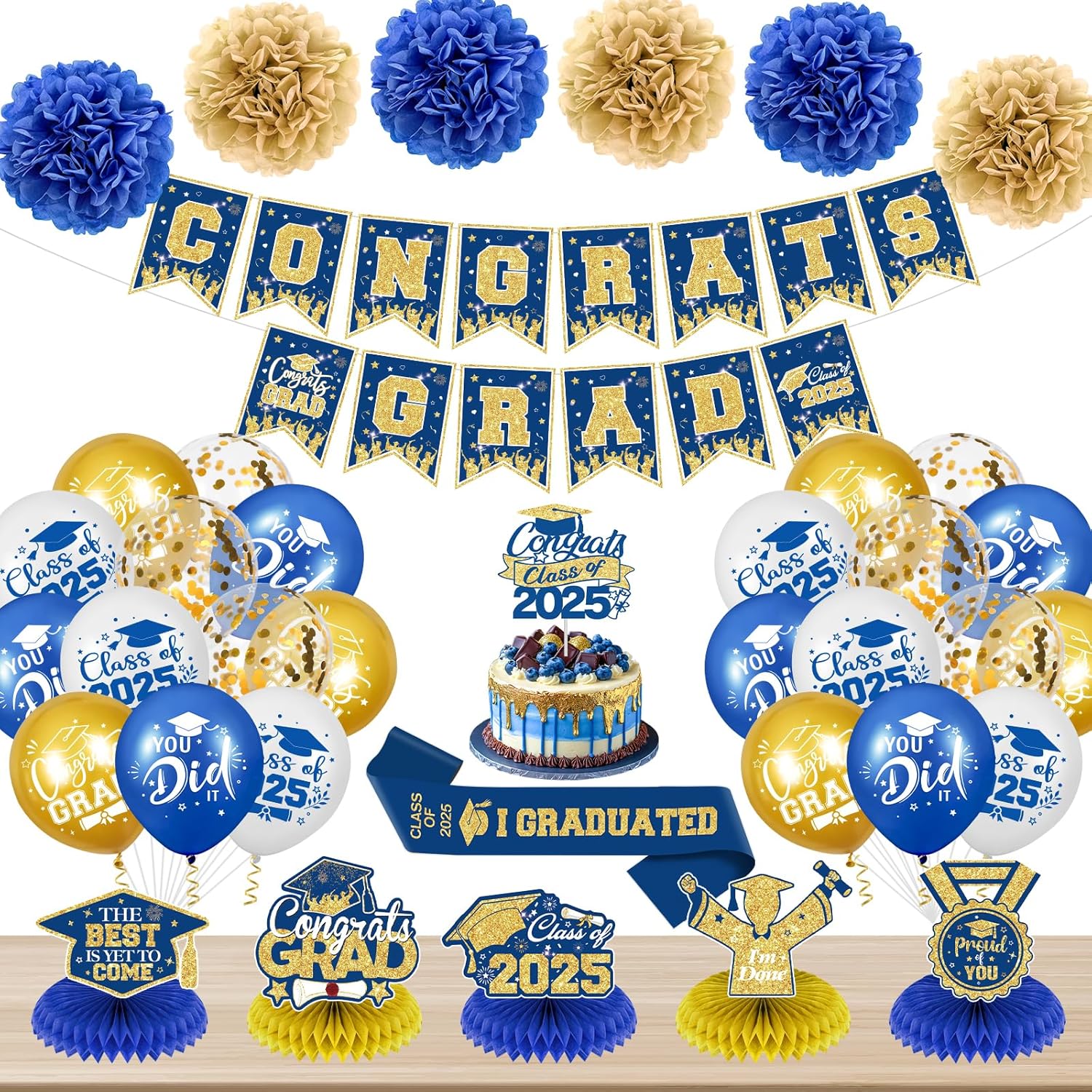 Amazon.com: 38Pcs Blue Gold Graduation Decorations Class of 2025 ...