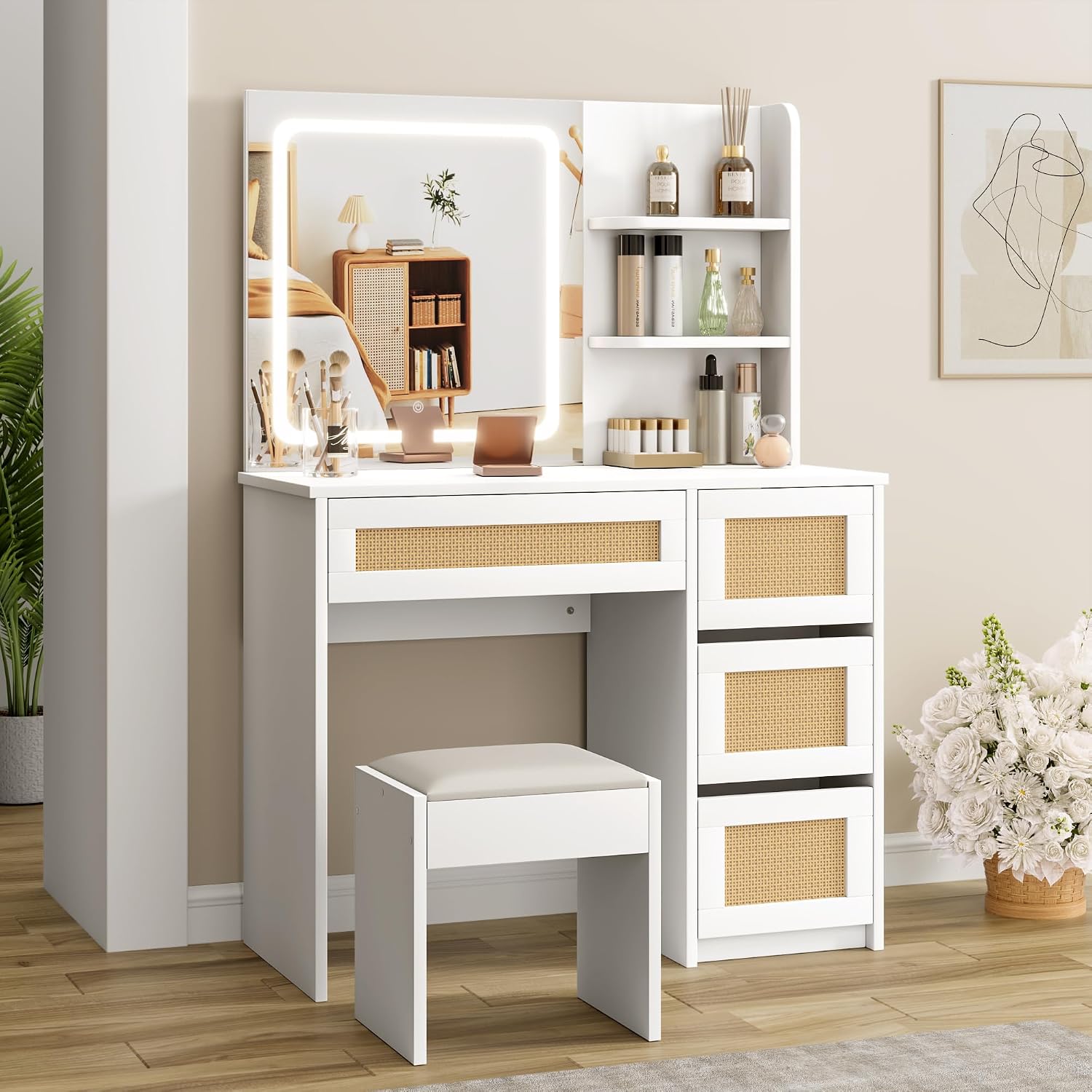 Amazon.com: GAOMON Vanity Desk with Mirror and Lights, Rattan Makeup ...