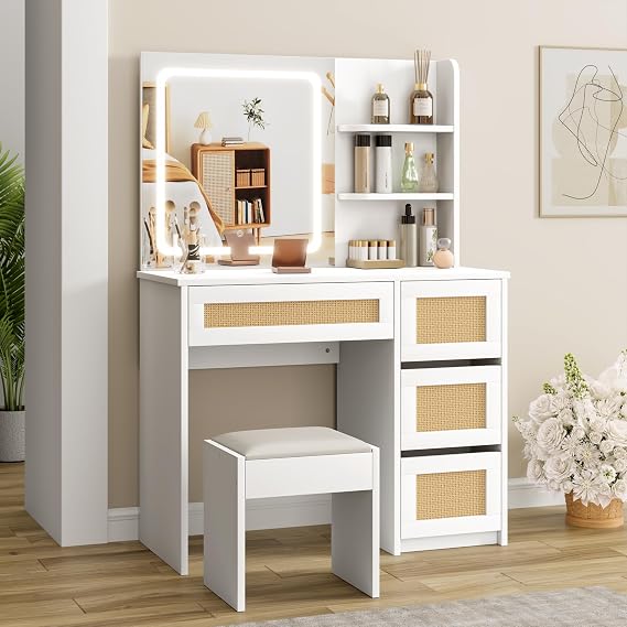 Amazon.com: GAOMON Vanity Desk with Mirror and Lights, Rattan Makeup ...
