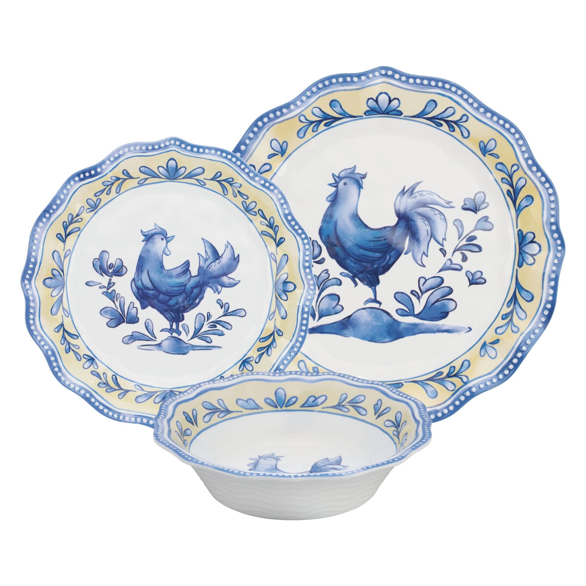Snapklik.com : UPware 12 Piece Blue Rooster Melamine Dinnerware Sets