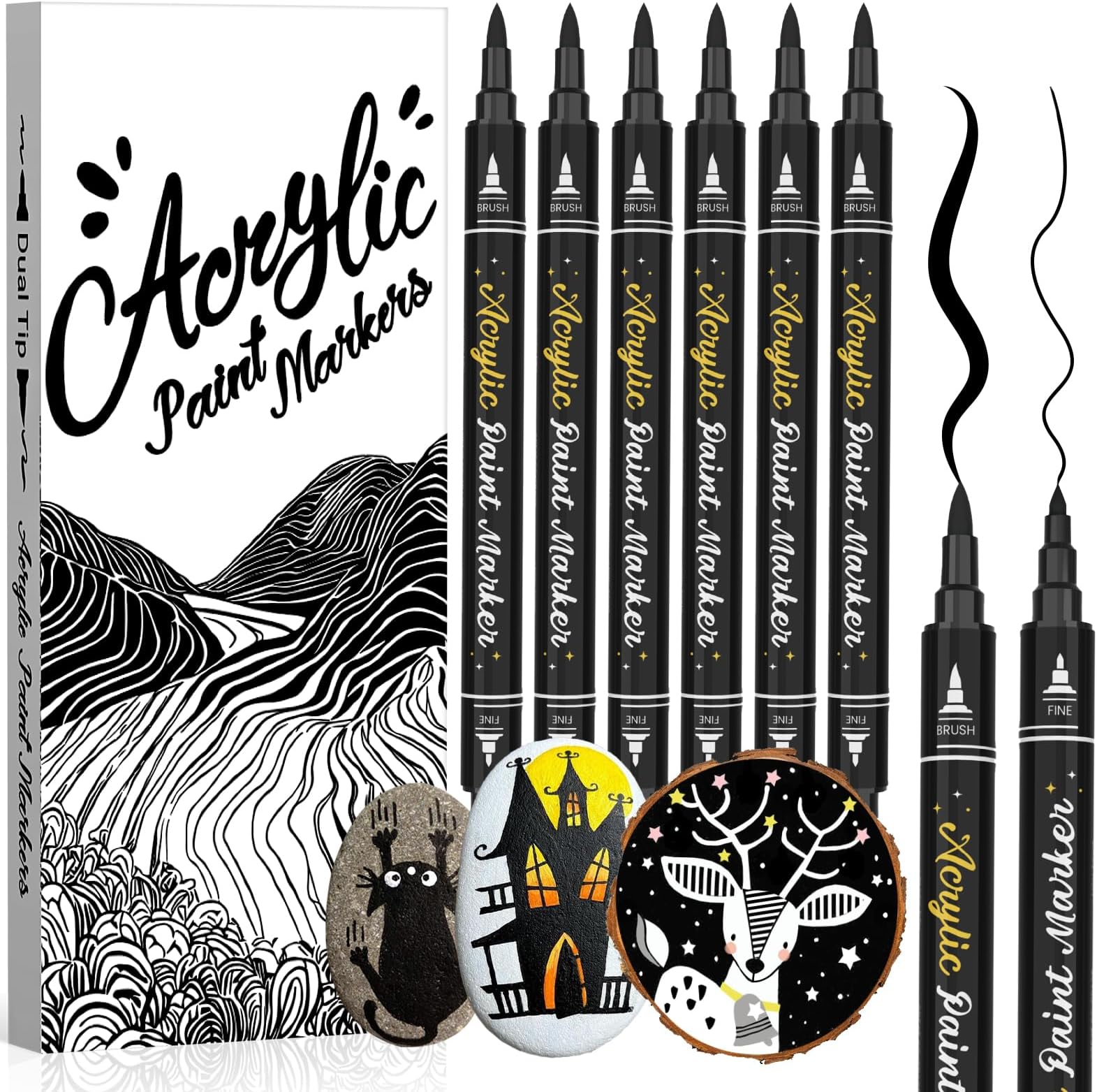 Amazon.com: Black Acrylic Paint Pen 6 Pack: Dual Tip (Fine & Brush ...