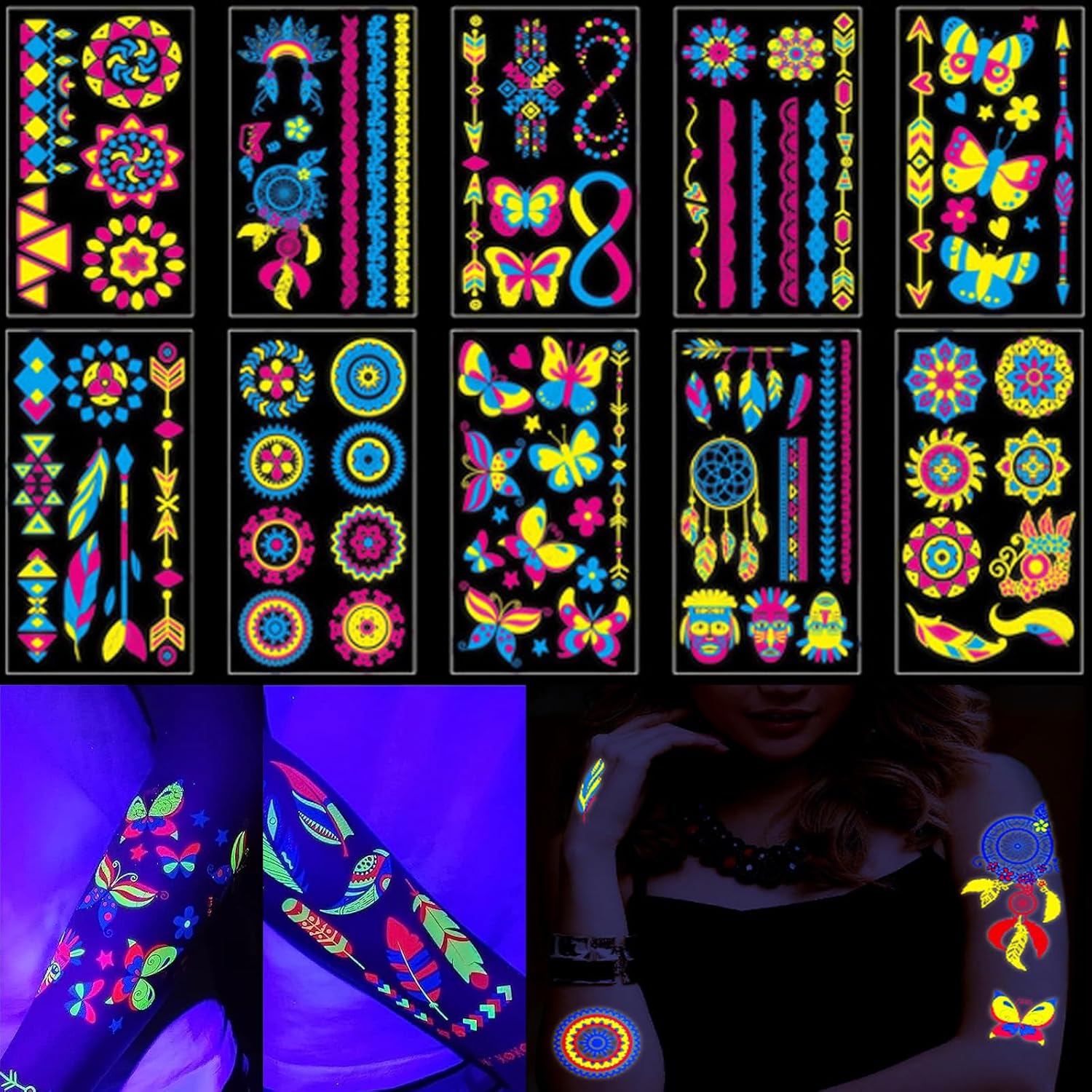 10 Sheets Neon Face Paints Glow in Dark Temporary Tattoos,Creative ...
