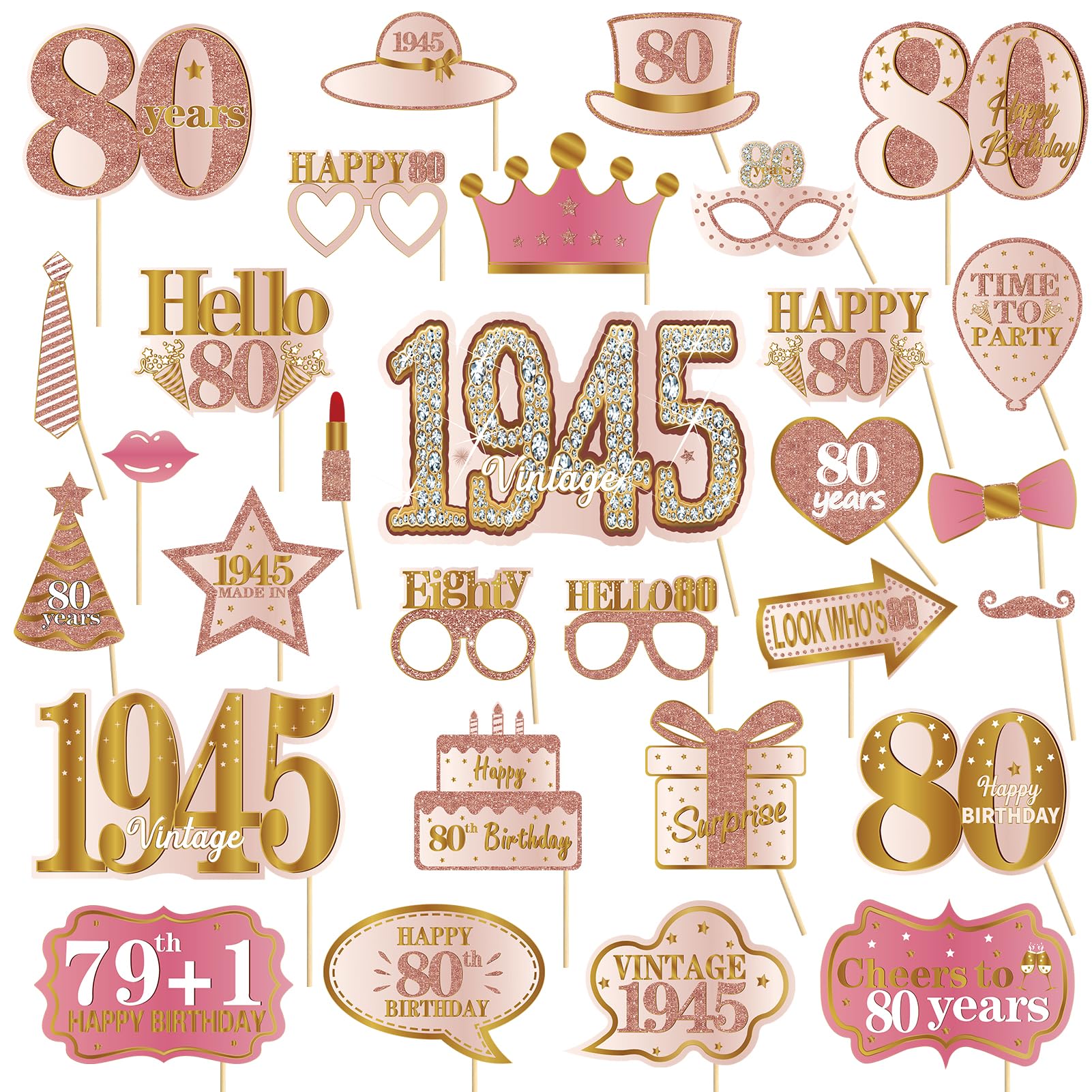 Amazon.com: Kuxriox 30Pcs 80th Birthday Photo Booth Props for Women ...