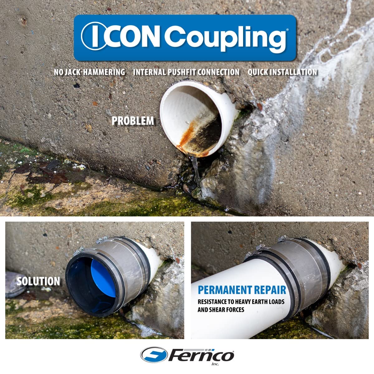 Fernco 4" ICON RC Pushfit DWV Coupling Sheared Off Pipe Connector with ...