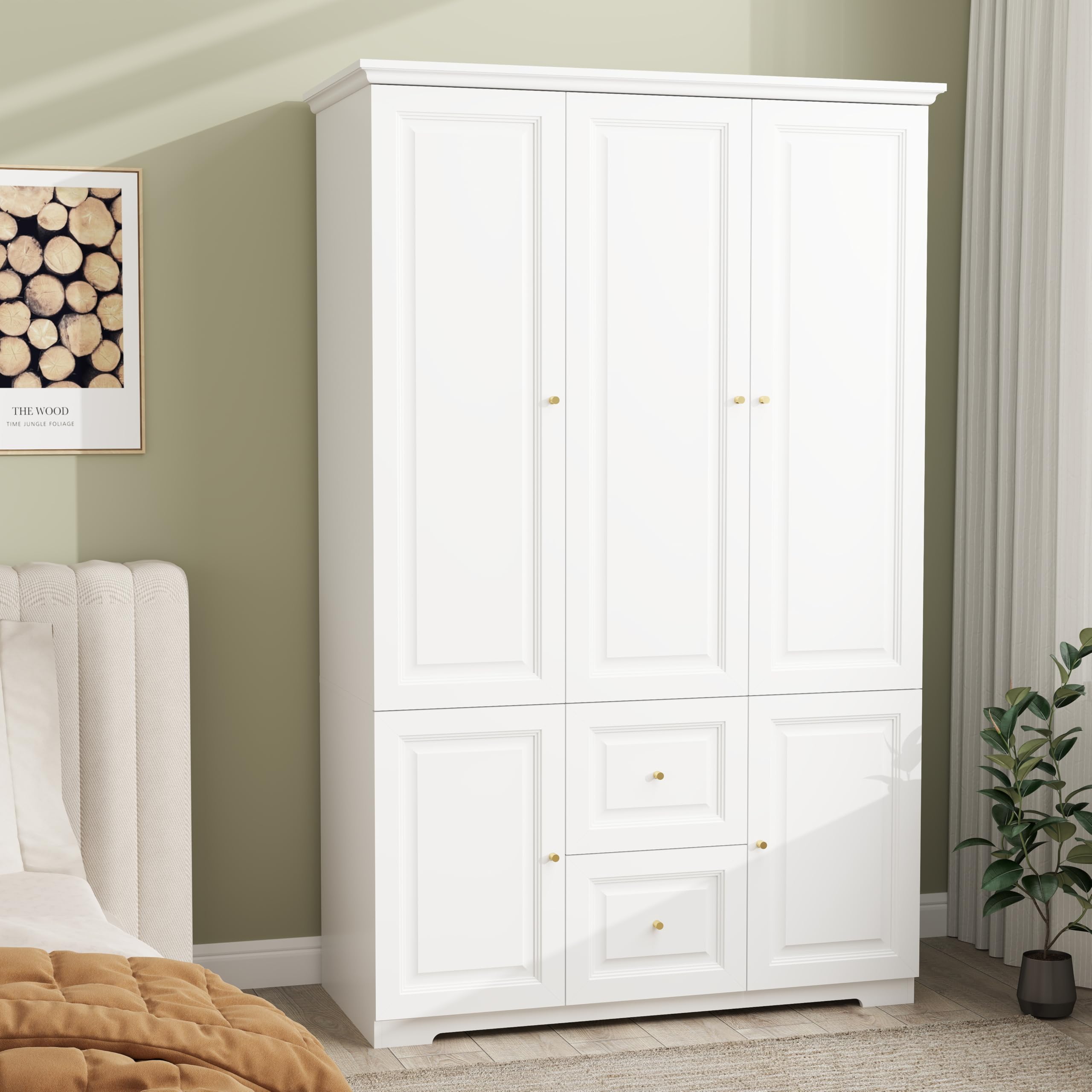 Amazon.com: Mhsatyrs White Armoire Wardrobe Closet with Grooved 5 Doors ...