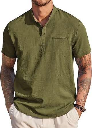 COOFANDY Mens Cotton Linen Shirts Short Sleeve Henley Shirts Casual Banded Collar Beach Shirt ...