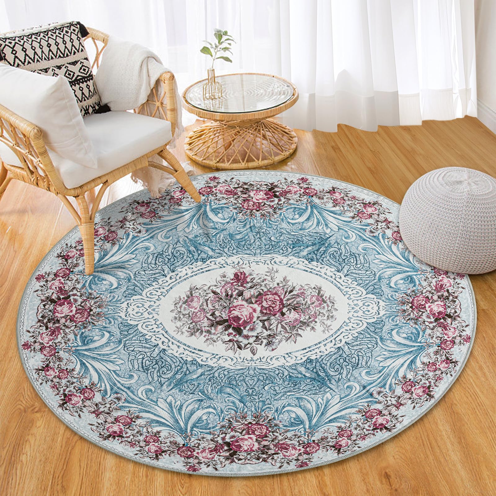 Amazon.com: Easy-Going Round Area Rug 3ft Washable Floral Small Circle ...