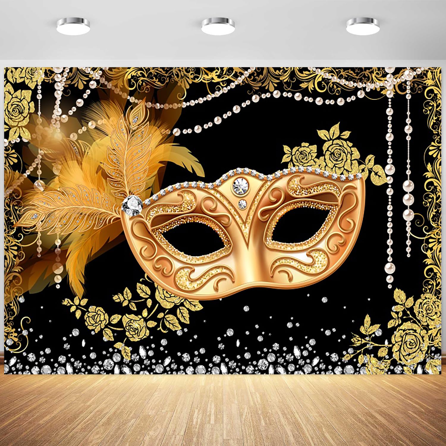 Amazon.com : 7x5ft Masquerade Backdrop Black and Gold Flowers Glitter ...