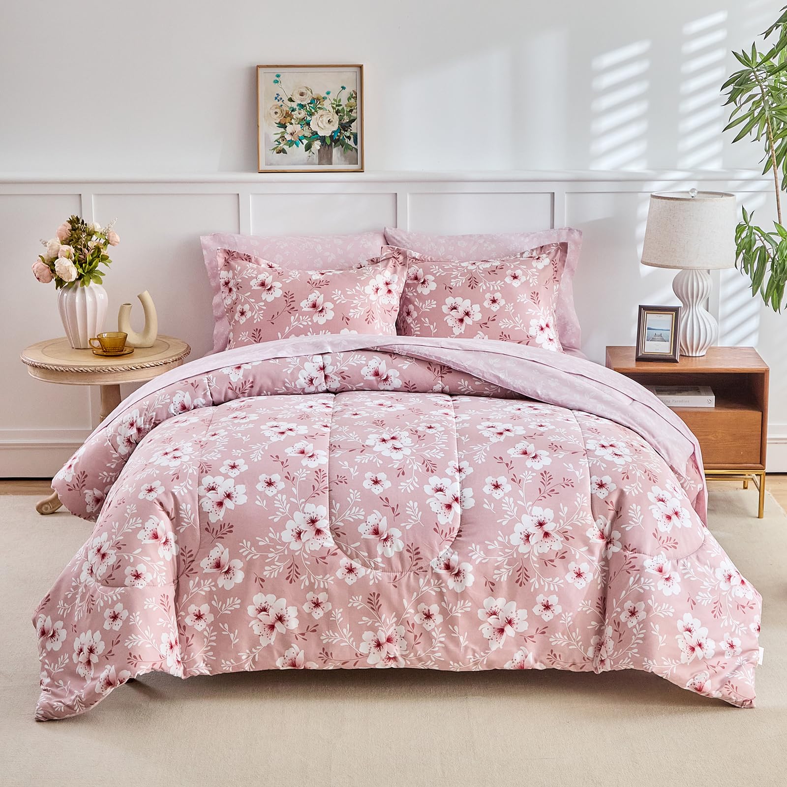 Amazon.com: Joyreap Queen Comforter Set- 7 Pieces Floral Bed in a Bag ...