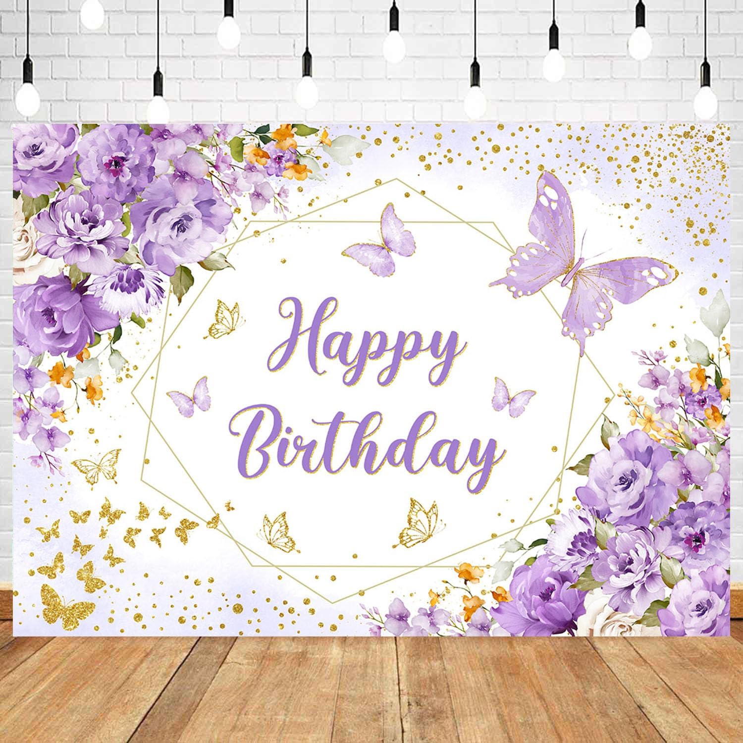 Amazon.com : Withu Purple Floral Butterfly Birthday Backdrop for Girls ...