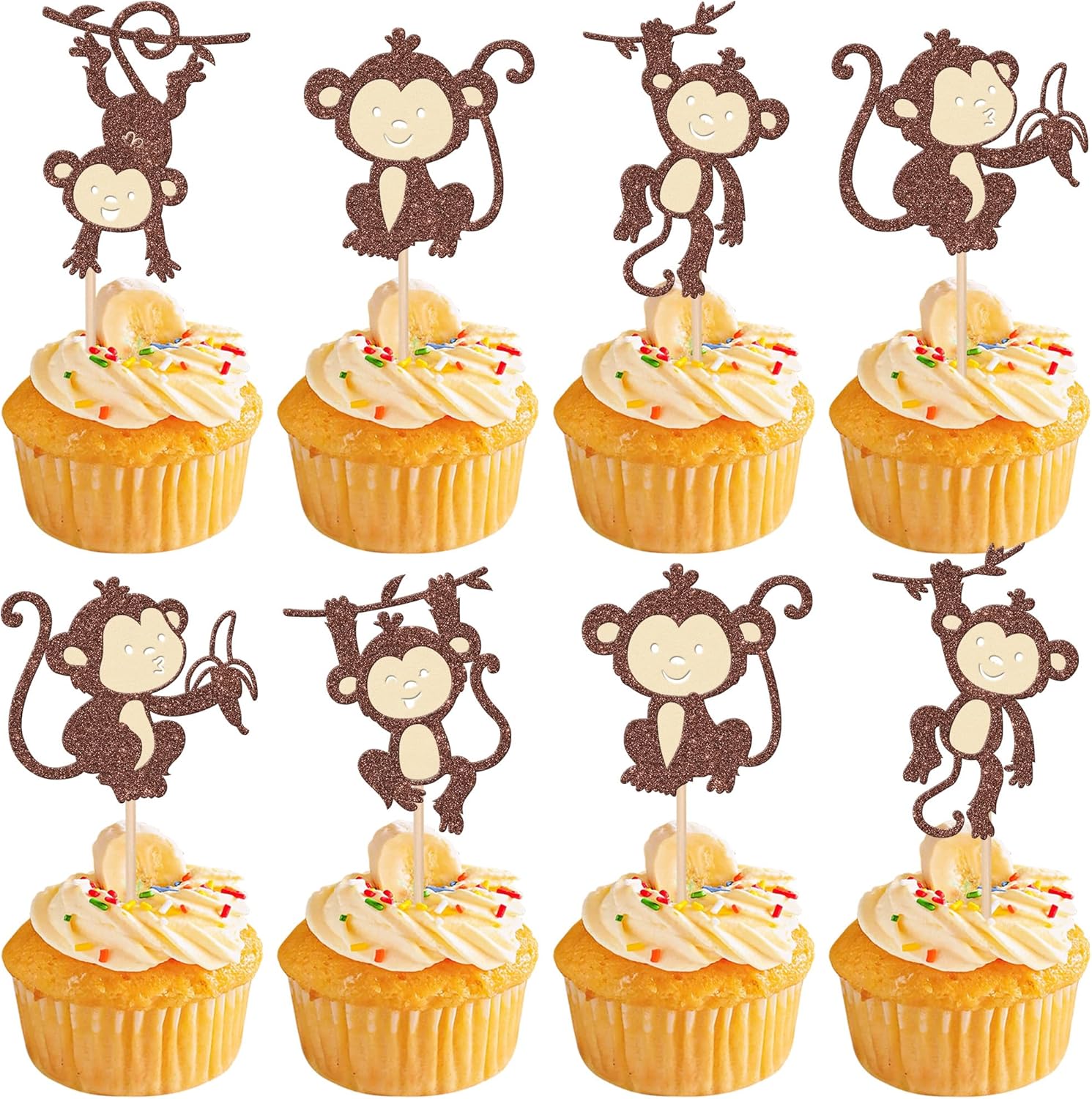 Amazon.com: 30 PCS Monkey Cupcake Toppers Brown Glitter Jungle Animal ...